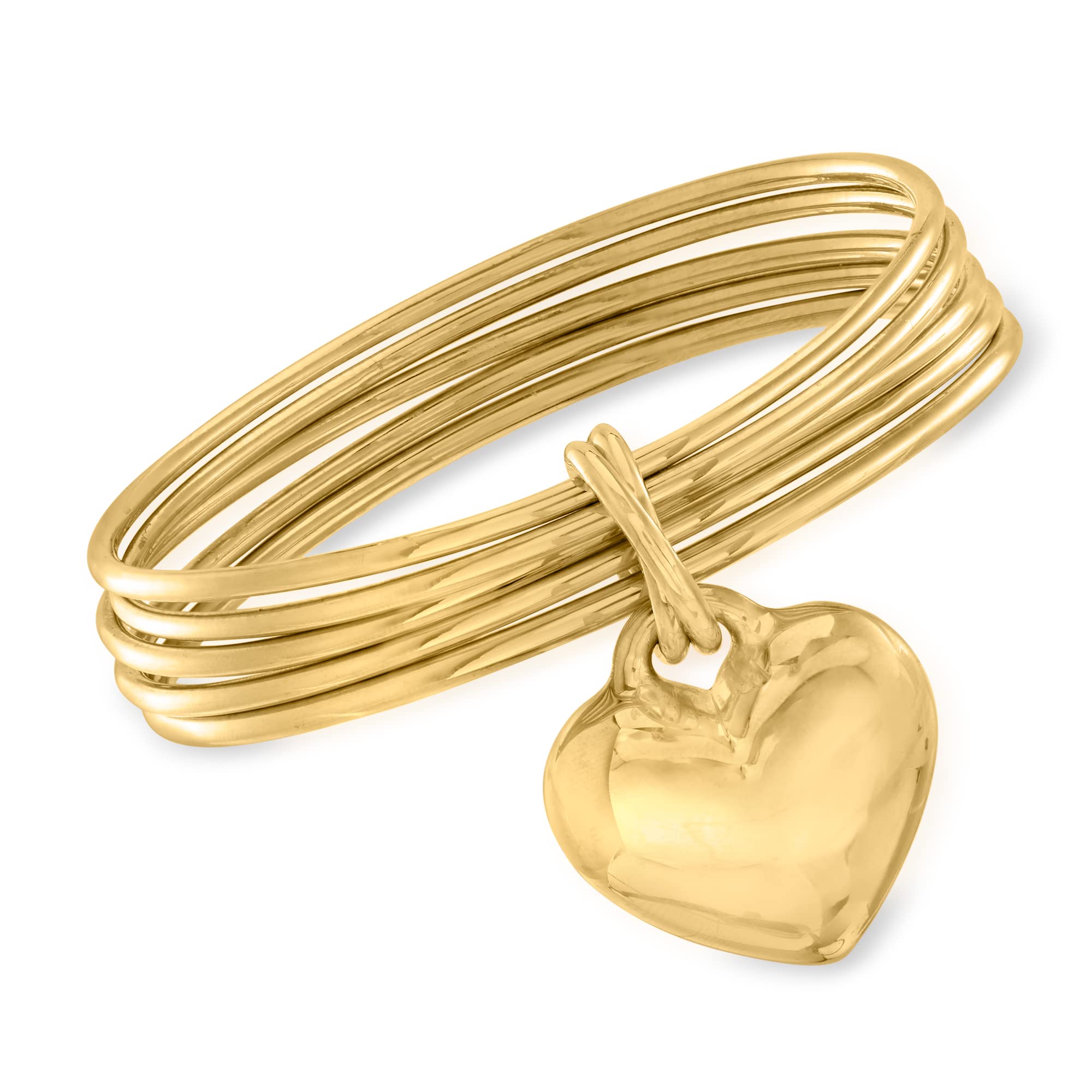 Ross-Simons Italian Andiamo 14kt Yellow Gold Over Resin Heart Charm Multi-Bangle Bracelet. 7.5 inches