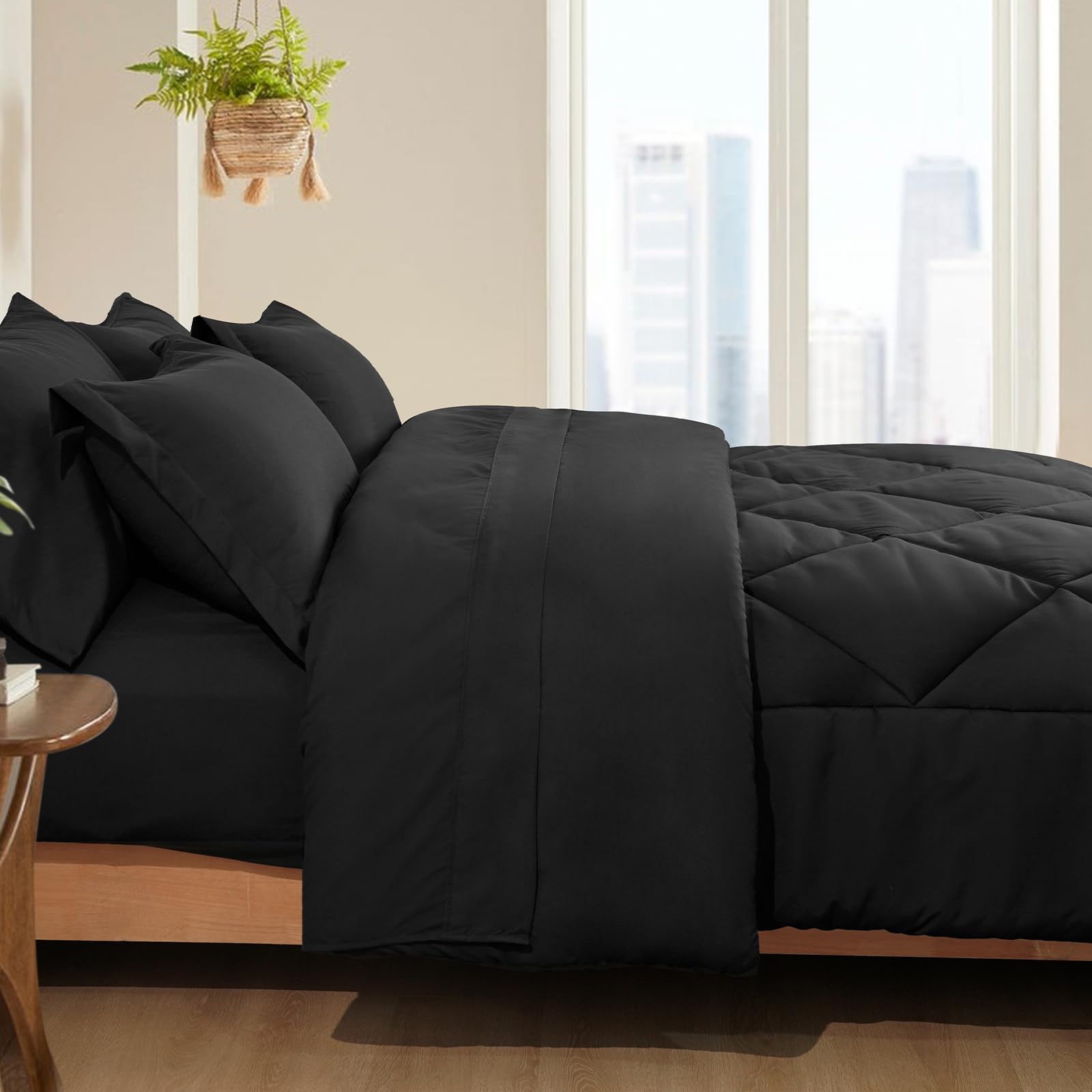PHF 7 Pieces Queen Comforter Set Black, Bed in a Bag Comforter & 18" Sheet Set All Season, Ultra Soft Noiseless Bedding Sets with Comforter, Sheets, Pillowcases & Shams