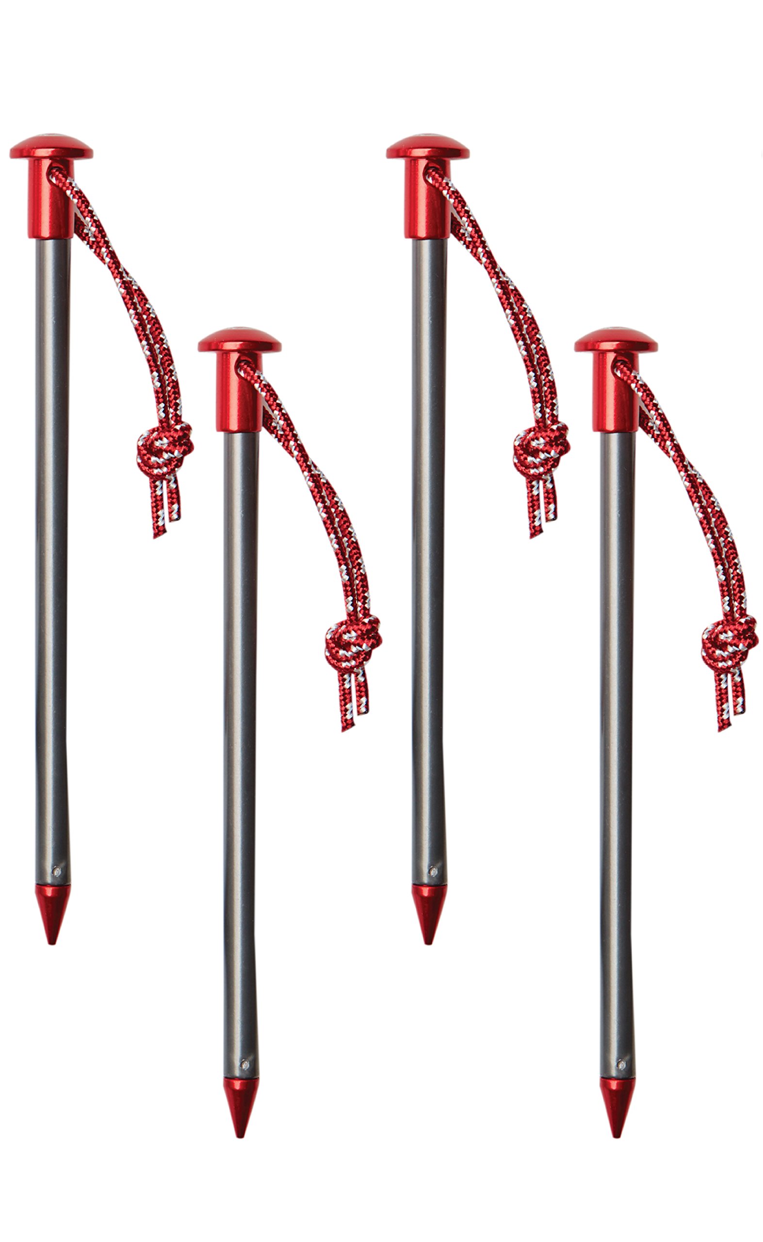 StayPut! Aero 7075 Lightweight Aluminum Anchor Peg Tent Stakes with Reflective Pull Cords for Hammock Camping and Backpacking (4-Pack, Titanium Gray & Red)