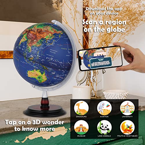 TUFFIOM 13 inch World Globe, Illuminated Spinning Earth Globe Display Nightlight with AR teaching and LED Night Light, Lamp ABS Sphere Wooden Base
