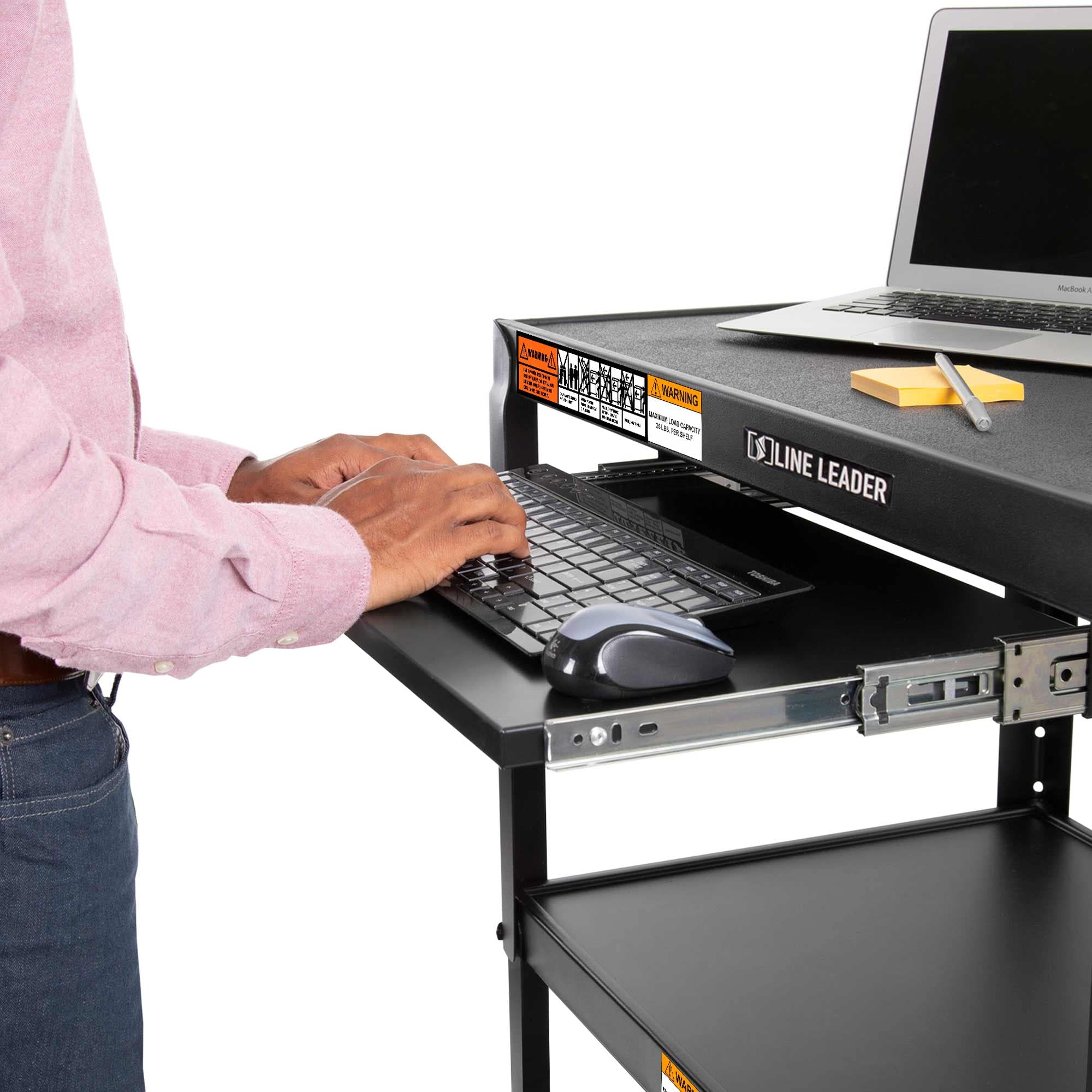 Stand Steady Line Leader AV Cart on Wheels | Height Adjustable Top Shelf & Pullout Keyboard Tray | Includes 15 ft Power Cord with Cord Management | Easy Assembly (42in x 24in x 18in / Black)