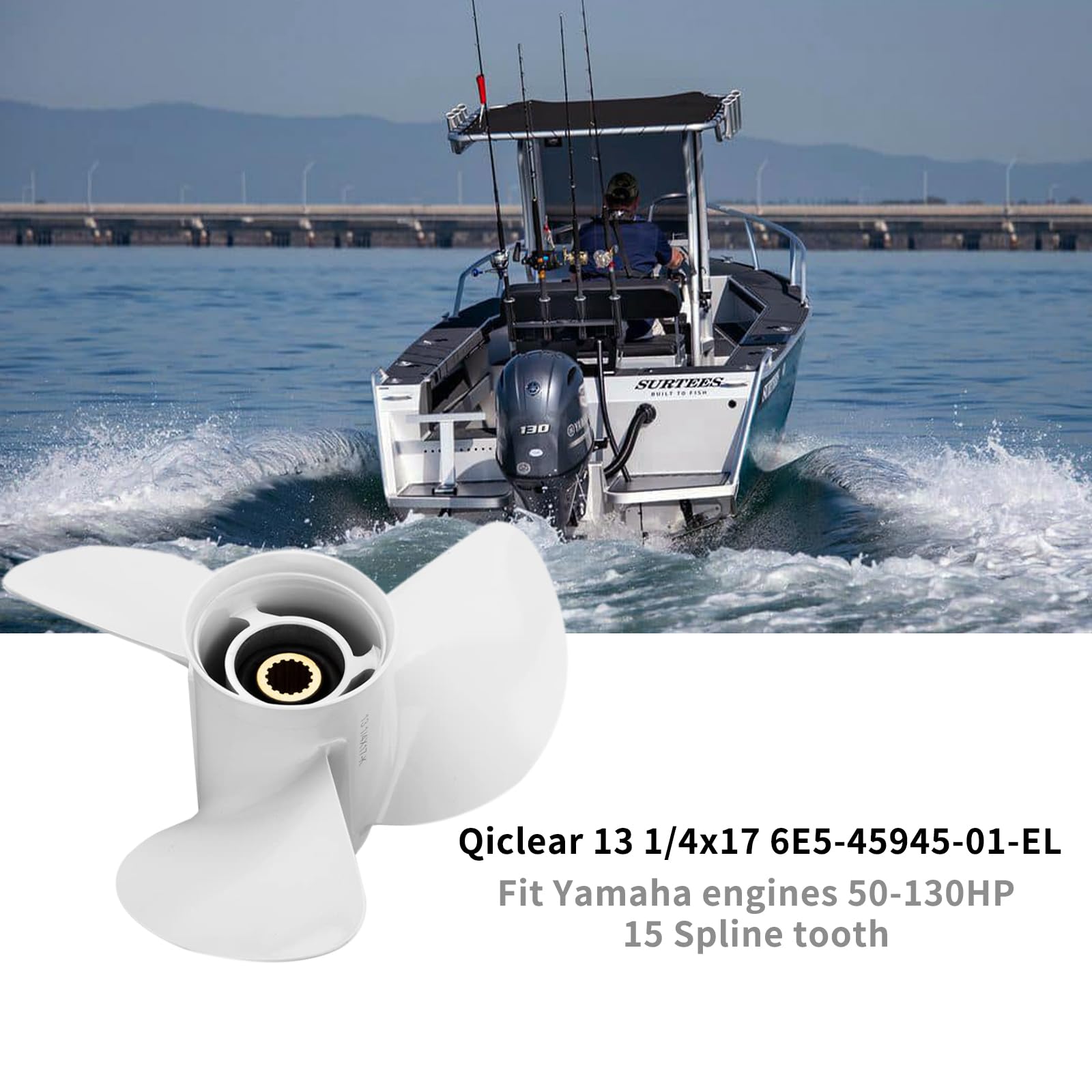 Qiclear 13 1/4 x 17-K | 6E5-45945-01-EL OEM Upgrade Aluminum Outboard Moto Boat Propeller fit Yamaha Engines 60-115 HP, 15 Spline Tooth