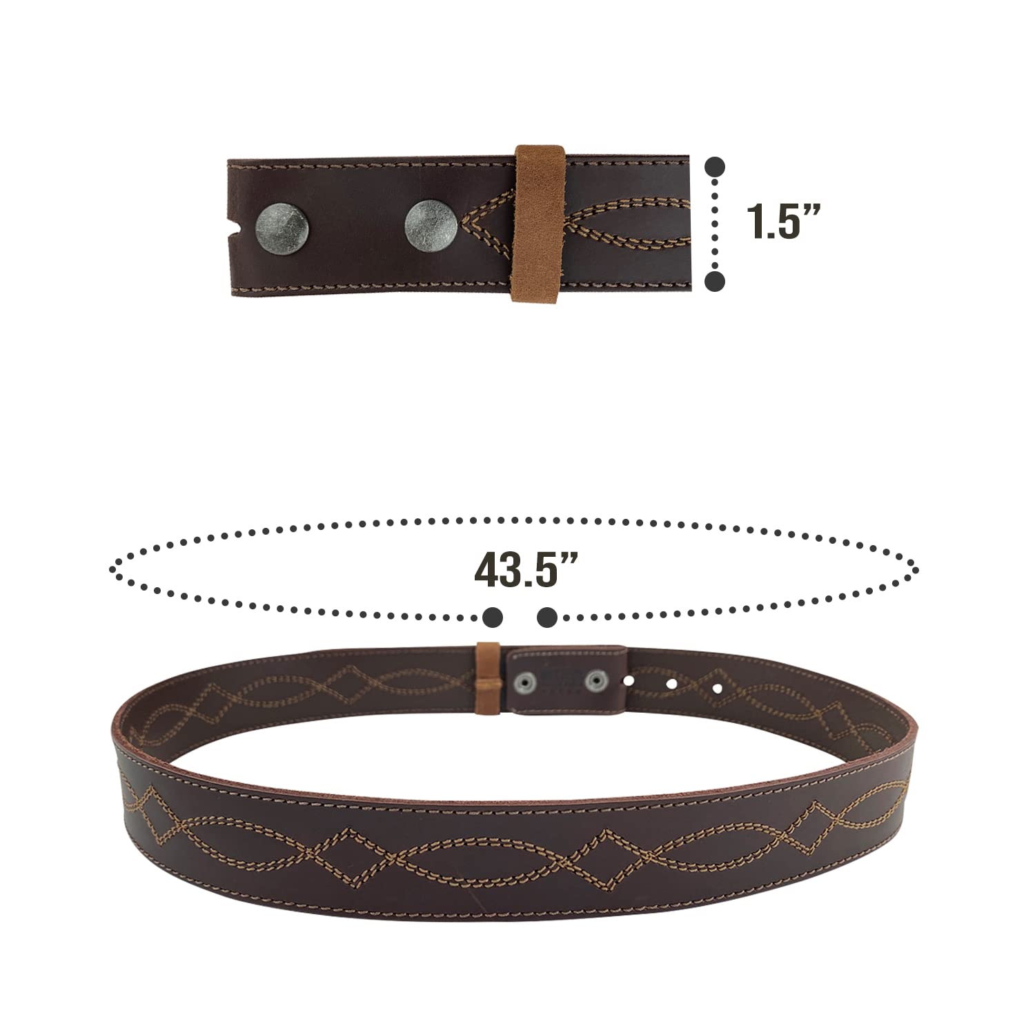 Western Leather Works, Rustic No Buckle Belt with Cowboy Stitching Handmade from Full Grain Leather - Snap On Belt (34)