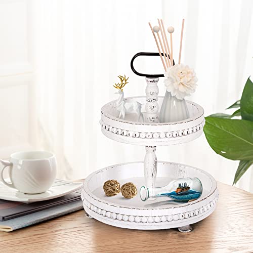 Tiered Tray Decor,Lazy SusanTurntable Organizer, Decorative Trays Farmhouse Two Rotating Tiered Tray Brown/White Tiered Serving Tray Wood Tray (Brown) (White)