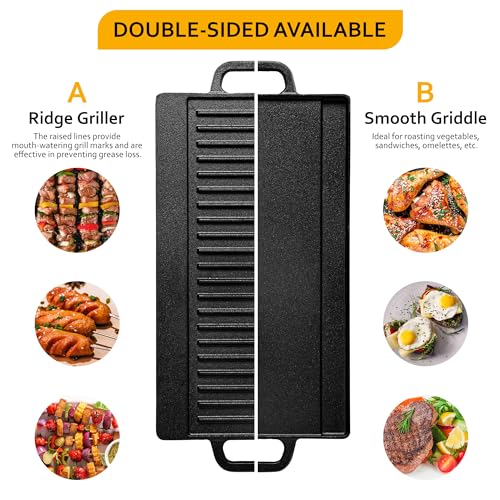 Velaze Cast Iron Reversible Griddle, Grill Pan Griddle Grill with Dual Handles,20Inchx9 inch,Black