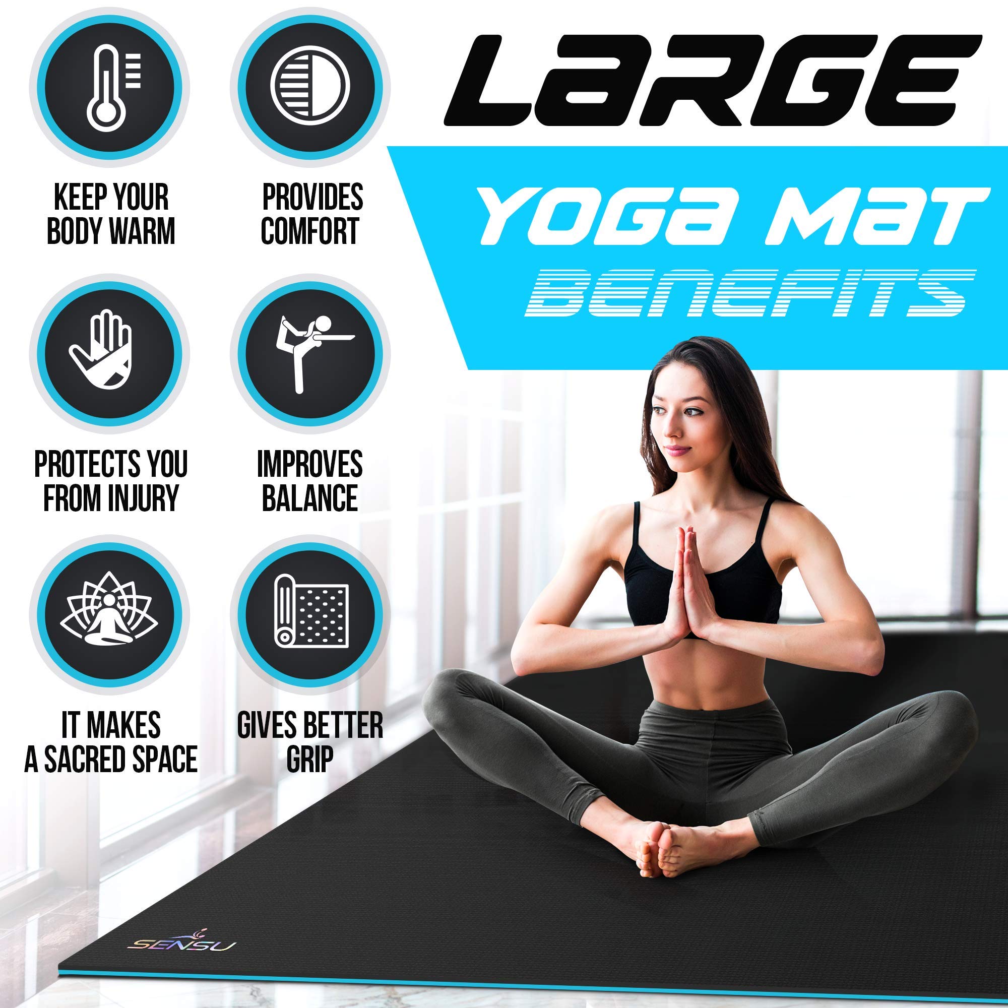 Sensu Large Yoga Mat - 6β x 4β x 9mm Extra Thick Exercise Mat for Yoga, Pilates, Stretching, Cardio Home Gym Floor, Non- Slip Anti Tear Eco-Friendly Workout Mat - Use Without Shoes