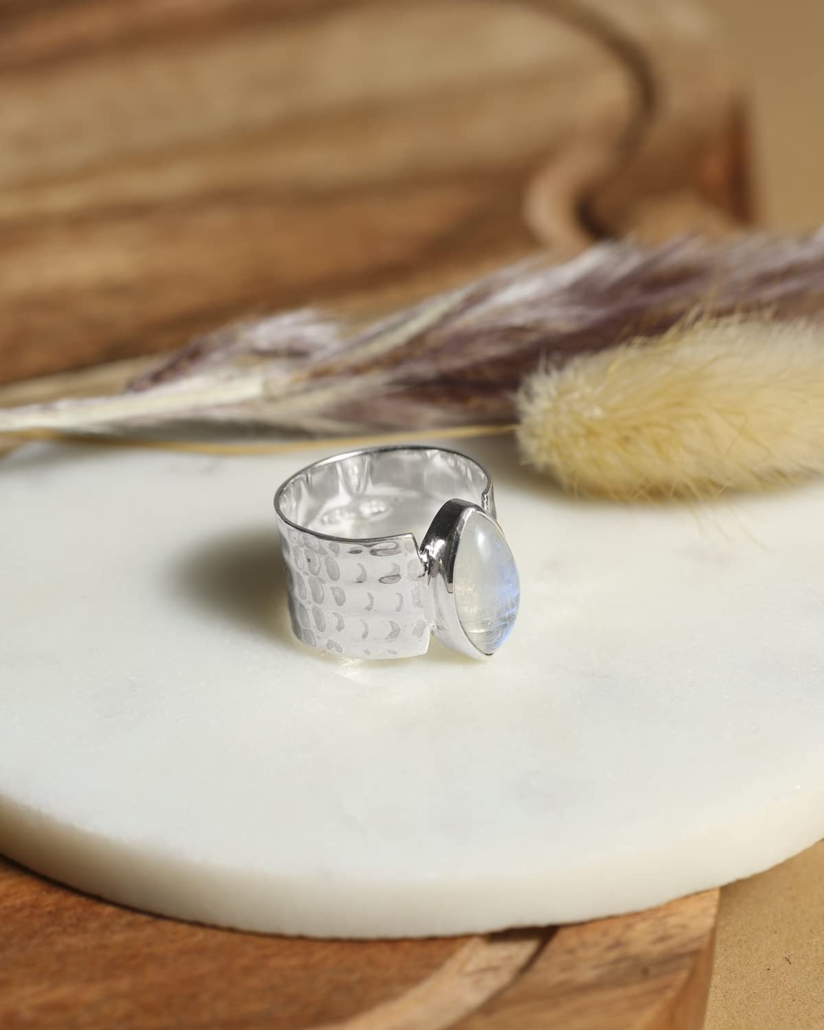 YoTreasure 7x14 MM Moonstone 925 Sterling Silver Wide Band Bold Ring (8)