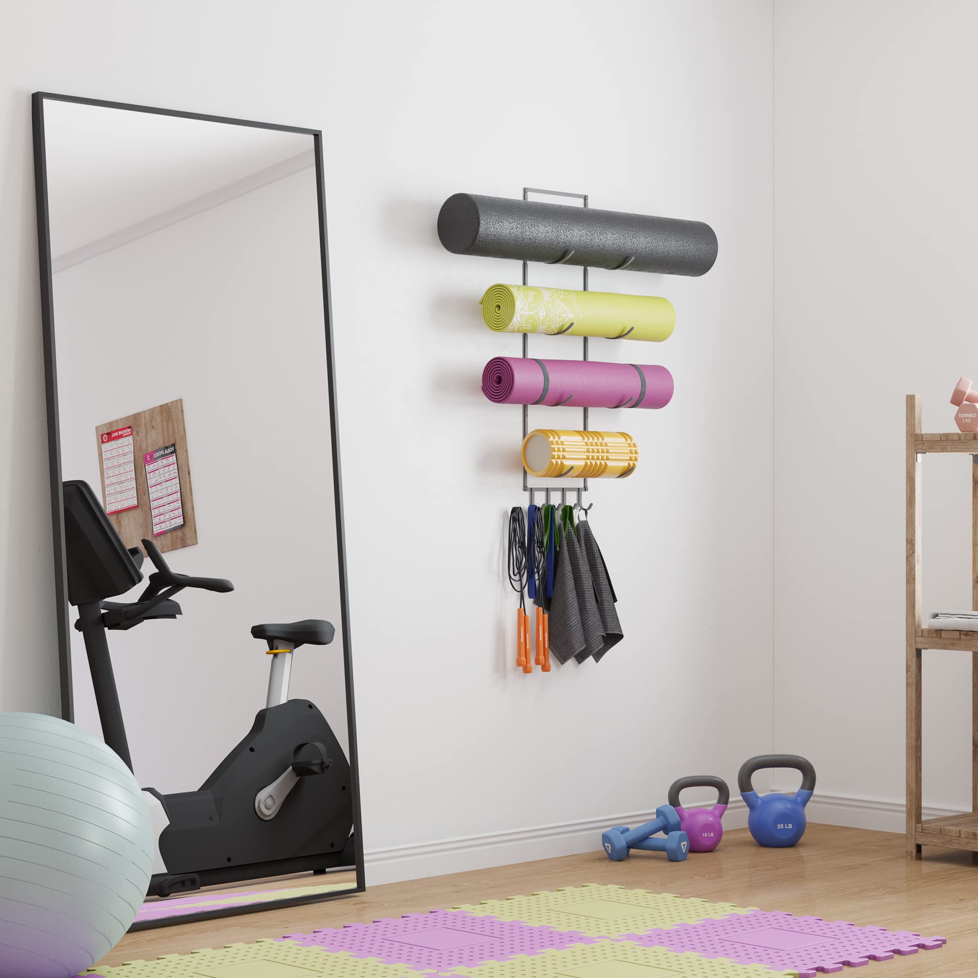 You Have Space Tulum Yoga Mat Holder, Wall Storage Rack for Foam Roller Set, Yoga Mats, Towel Rack with 4 S Hooks, 4 Sectional, Metal, Black, Gray