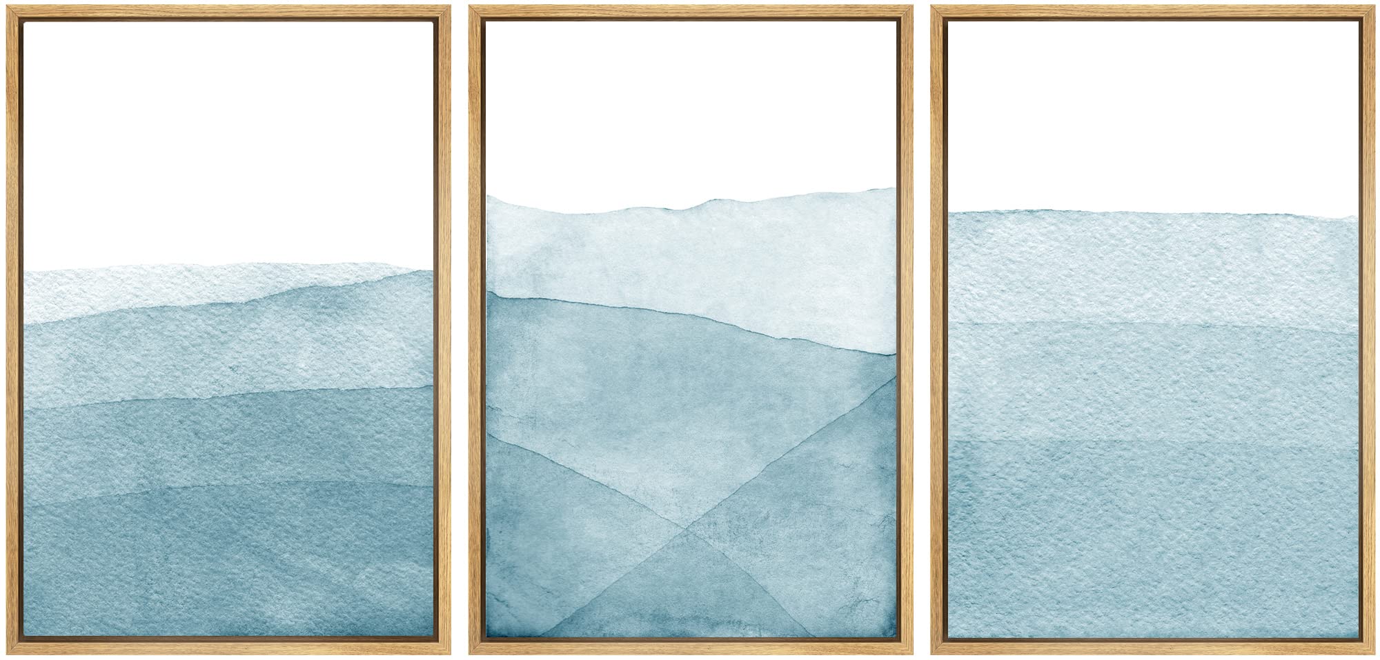 SIGNWIN 3 Piece Framed Canvas Wall Art Blue Wash Brushstroke Watercolor Nature Wilderness Illustrations Abstract Traditional Home Artwork Decoration for Living Room,Bedroom - 16"x24"x3 Natural