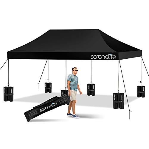 SereneLife Pop Up Tent Commercial Instant Shelter - Waterproof Polyester Tent with Portable Wheeled Carry Bag and Sand Bag, 10 x 20 ft. (Black)