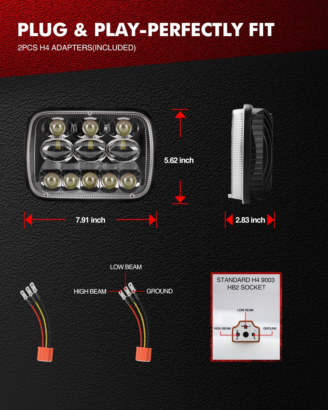Torchbeam 7x6 5x7 Led Headlights 300% Brighter Upgraded Led Sealed Beam Headlamps with High Low Beam H6054 6054 Led Headlights Replacement for YJ Cherokee XJ Savana Truck with H4 Adapters