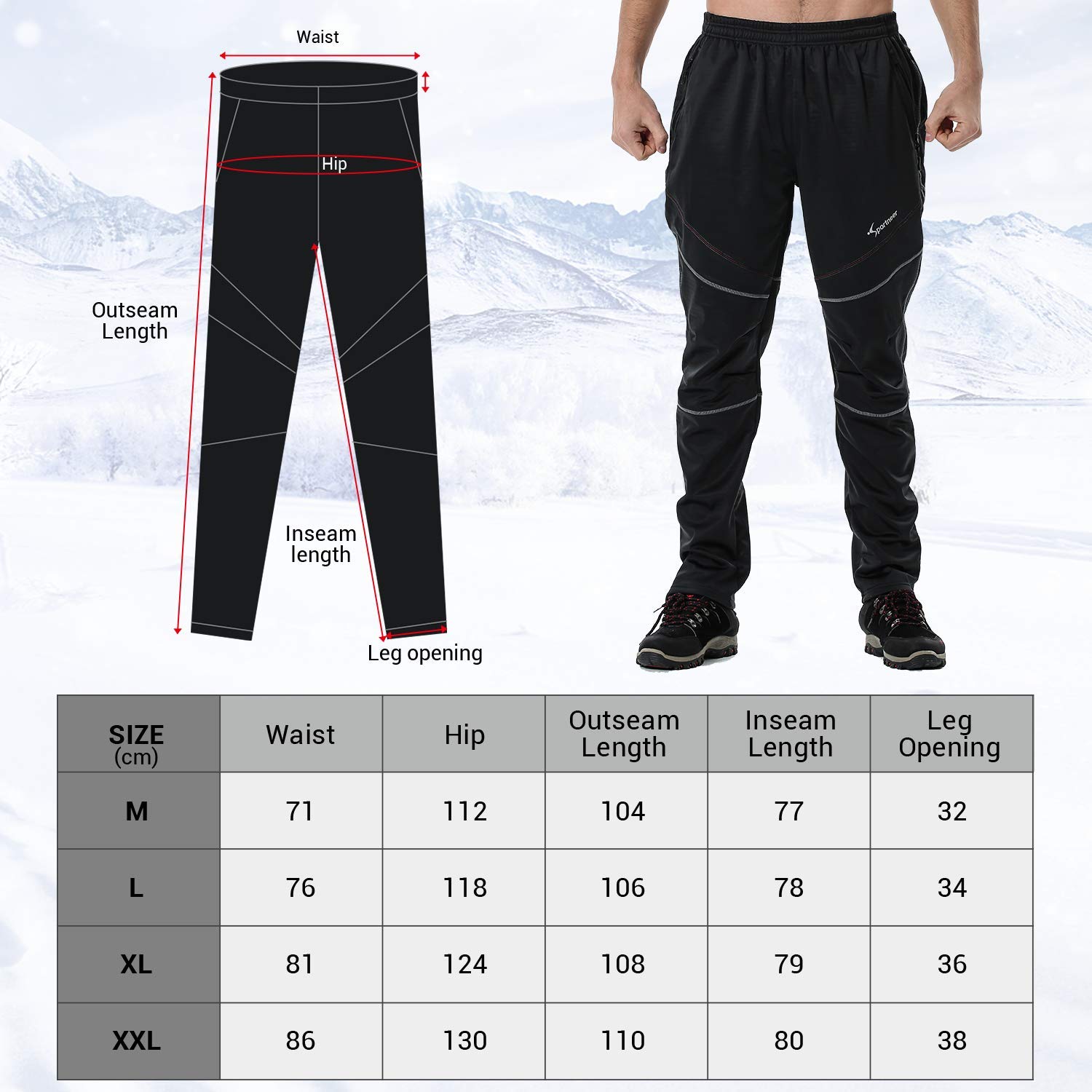 Sportneer Mountain Bike Pants for Men Fleeced Windproof Cycling Running Winter Hiking MTB Pants Workout Multi Sports Pants Black