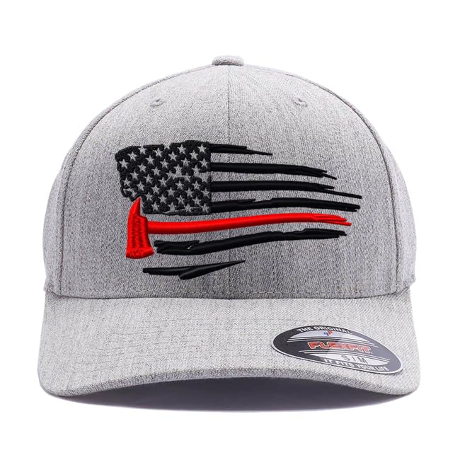 Thin Red Line Fire Department Distressed American Flag hat, Flag with Firefighter Axe Embroidered. 6477 and 6277 Flexfit Hat (L/XL, Heather Grey)