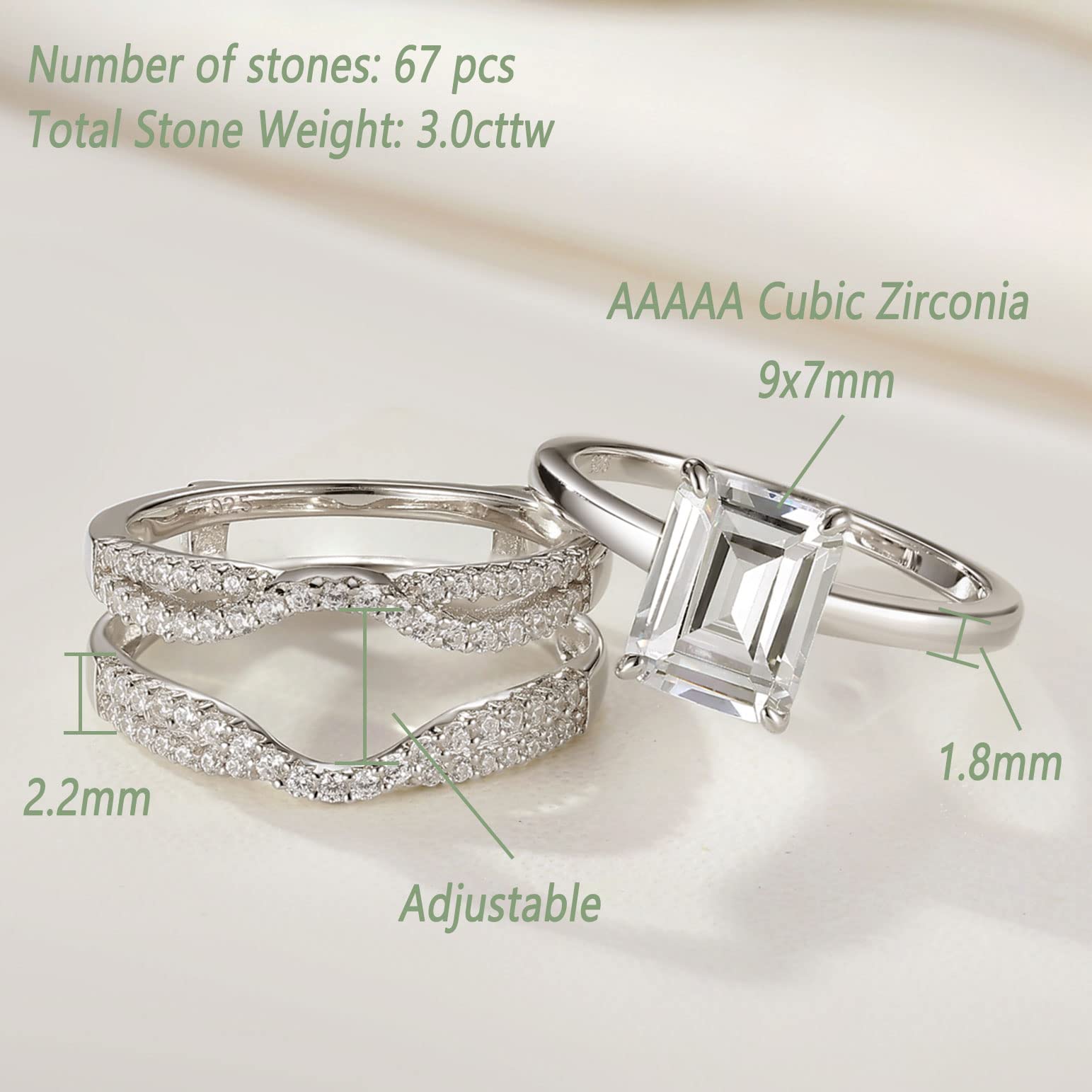 Wuziwen Bridal Ring Enhancer for Emerald Cut Engagement Rings For Women CZ Sterling Silver Size 7