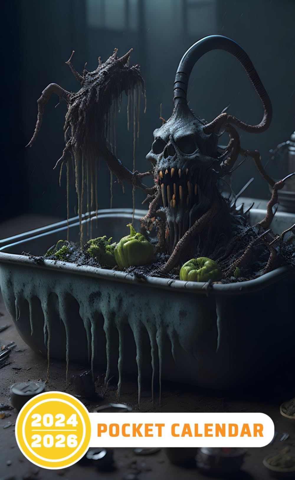 Pocket Calendar 2024 - 2026: Three-Year Monthly Planner for Purse , 36 Months from January 2024 to December 2026 | 3D rendering | Kitchen sink | Dirty dishes | Rotting food | Eerie light