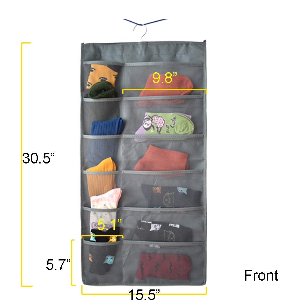 Renashed Durable Closet Underwear Organizer Dual-Sided Hanging for Bra Underwear, Tshirts, Underpants, Socks, Makeup and Sunglasses 30 Pocket Mesh Hanging Storage Gray