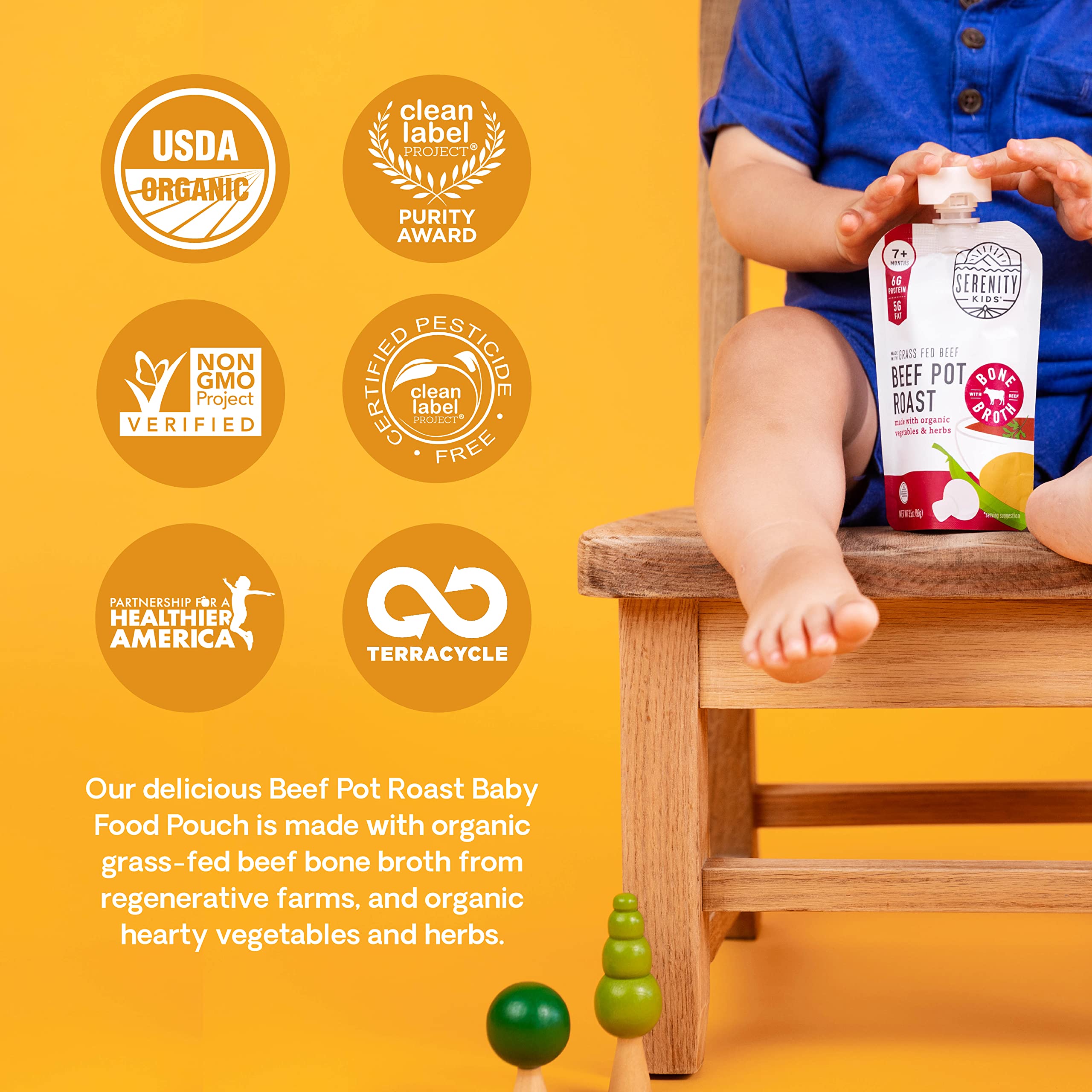 Serenity Kids Bone Broth Puree Made With Organic Veggies | Clean Label Project Purity Award Certified | 3.5 Ounce BPA-Free Pouch | Grass Fed Beef Pot Roast | 12 Count