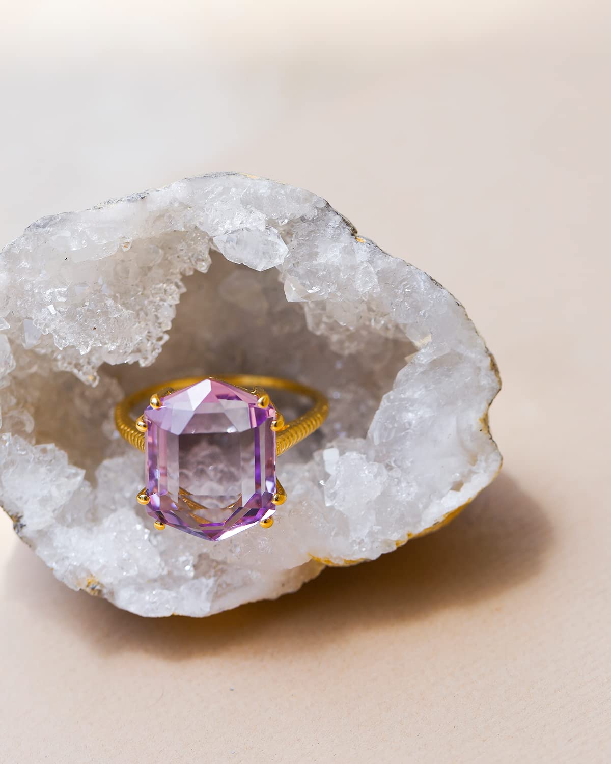 YoTreasure Natural Amethyst Gold Plated over 925 Sterling Silver Statement Double Prong Ring For Women