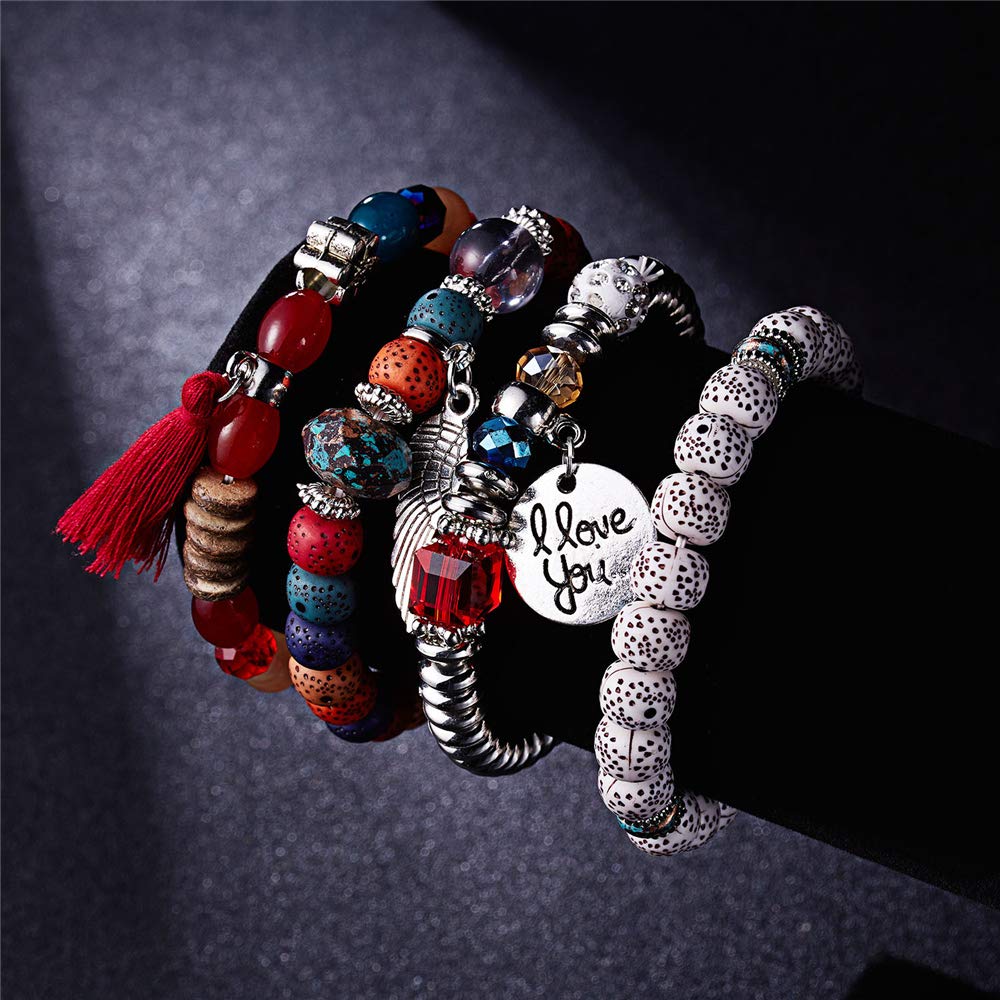 SMALLLOVE Bohemian Bracelets Set for Women Multilayer Stretch Stackable Wing Tassel Love Charm Crystal Beaded Beach Boho Natural Stone (Black)