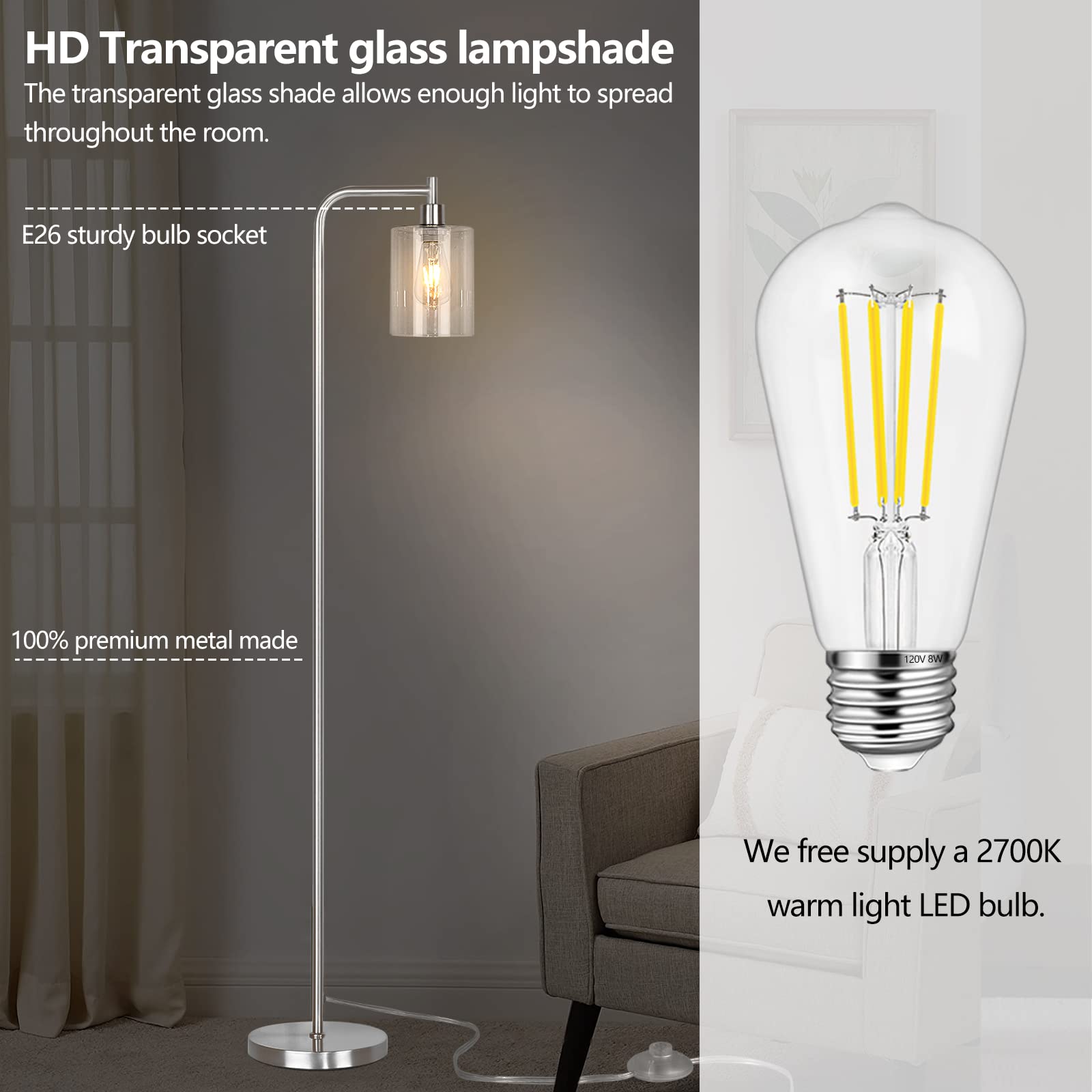 QiMH Industrial Floor Lamp for Living Room, Modern Standing Lamp with HD Glass Lampshade and Pedal Switch, 67” Tall Pole Light for Bedroom Study Room, Brushed Silver (2700K LED Bulb Included)