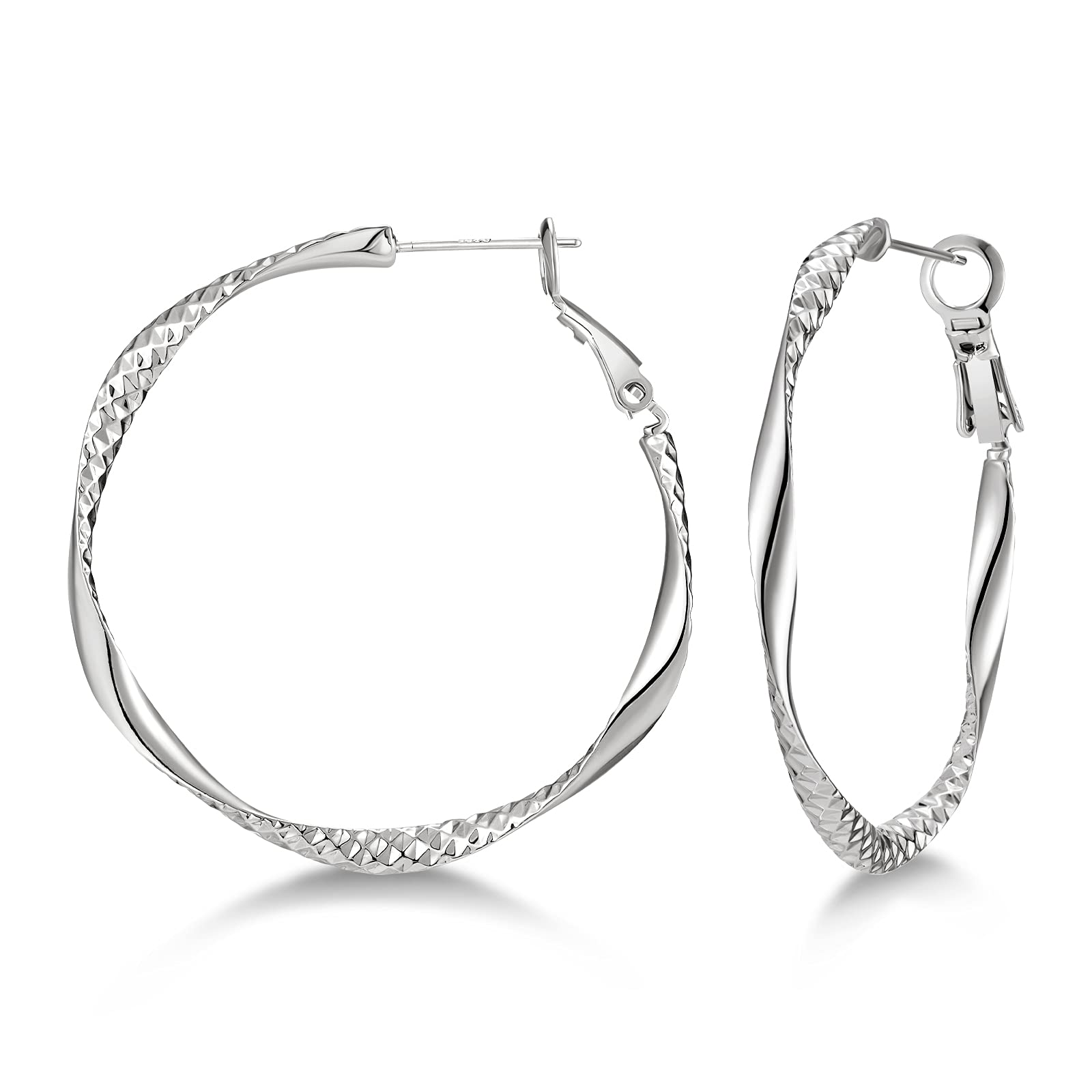 SWEETV Silver Hoop earrings for Women 40mm Big Hoop Earrings 925 Sterling Silver Post Twisted Endless Hoops