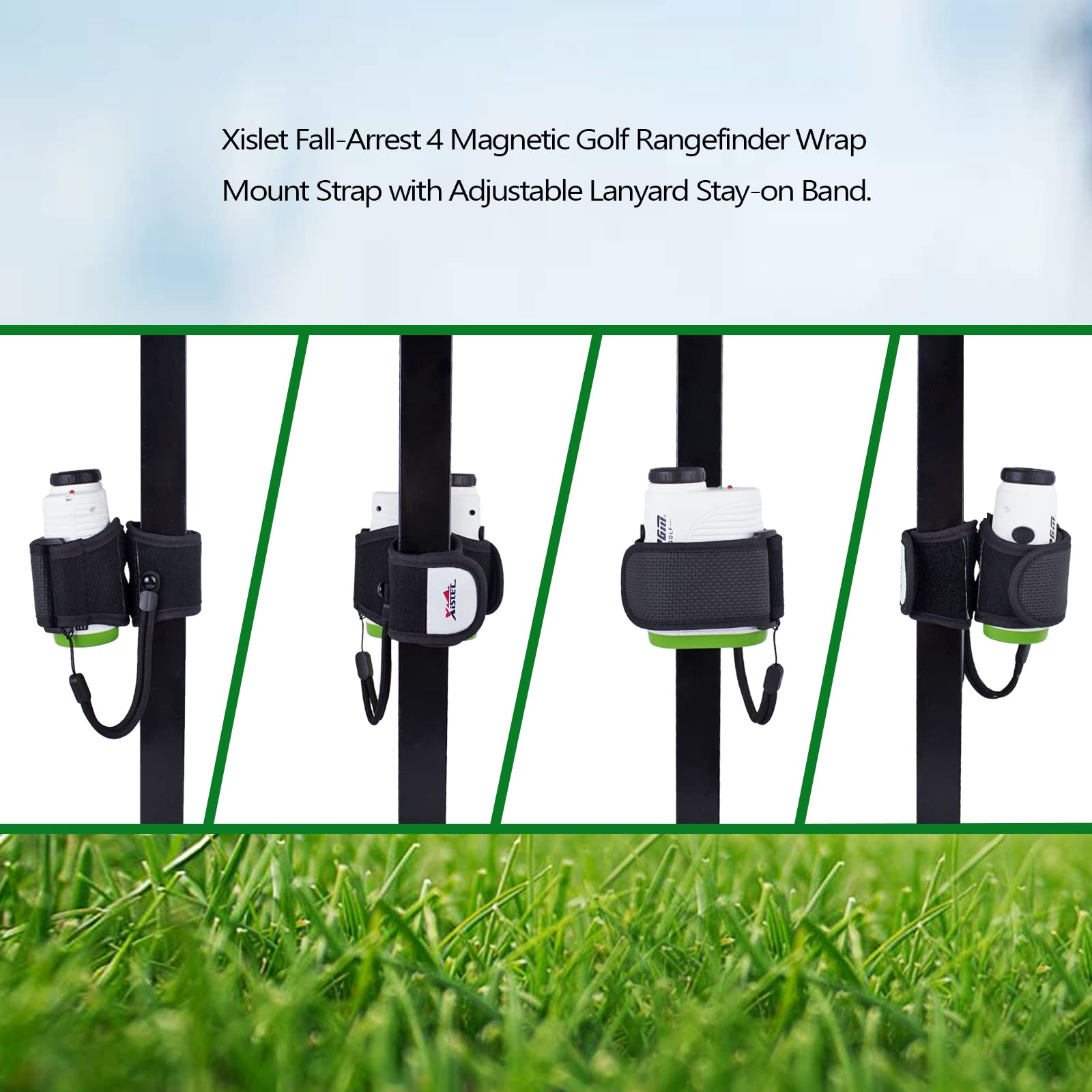 Xislet Fall-Arrest 4 Magnetic Golf Rangefinder Wrap Mount Strap with Adjustable Lanyard Stay-on Band for Golf Cart Railing Rangefinder Holder Attachment