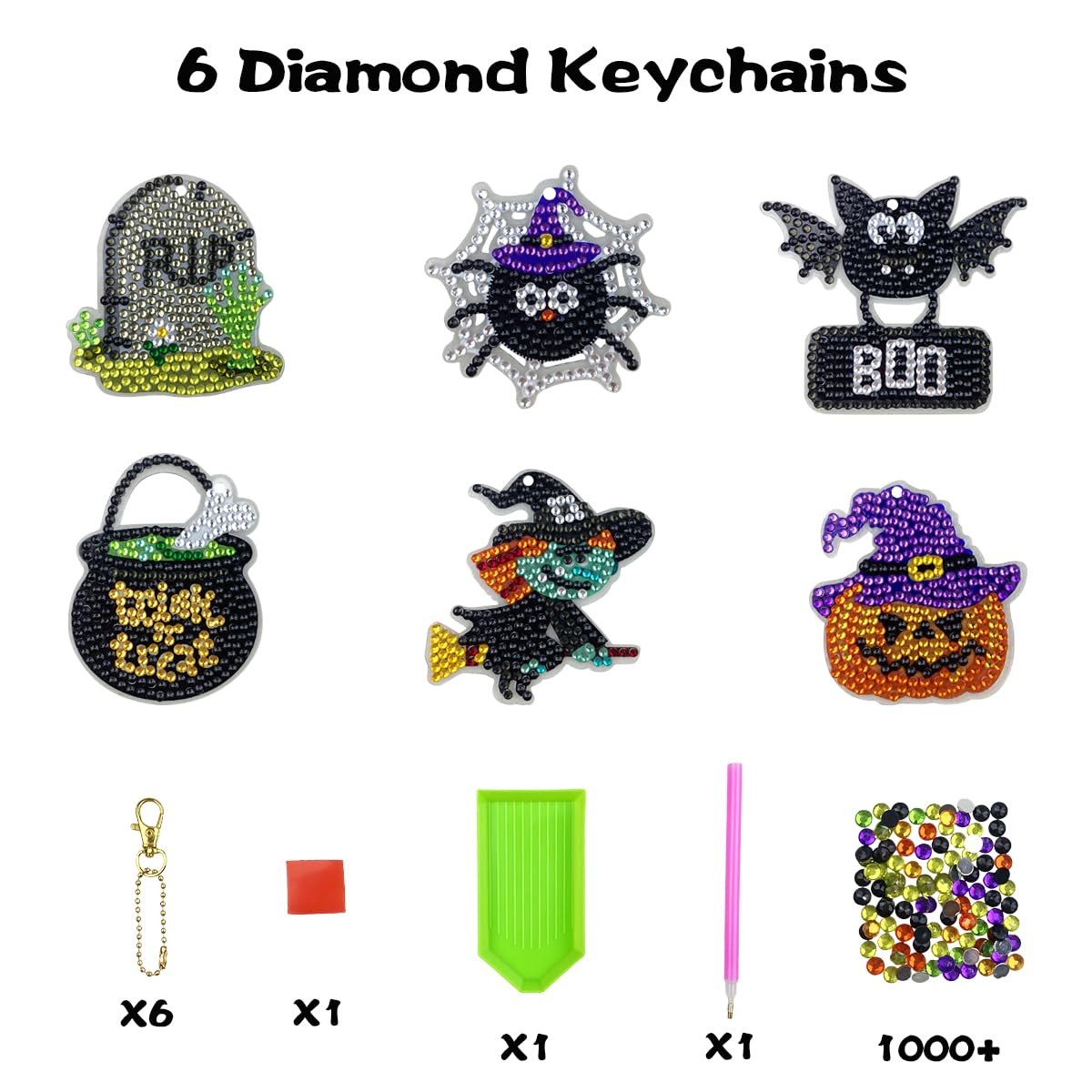 QINGQIU Halloween 5D Diamond Painting Arts and Crafts Kit for Kids to Make Halloween GEM Keychains