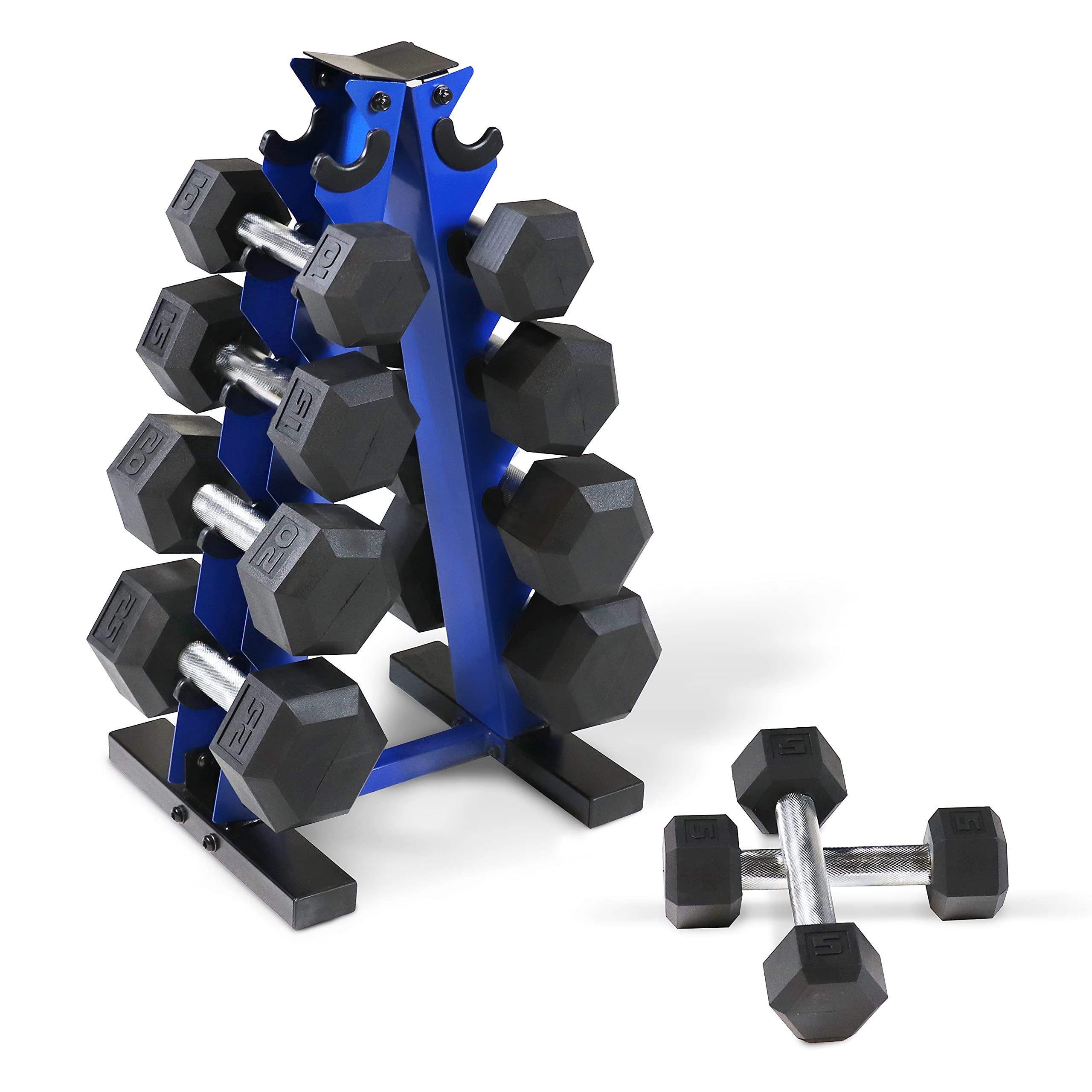 WF Athletic Supply 5-25Lb Rubber Coated Hex Dumbbell Set with A Frame Storage Rack Non-Slip Hex Shape for Muscle Toning, Strength Building & Weight Loss - Multiple Choices Available