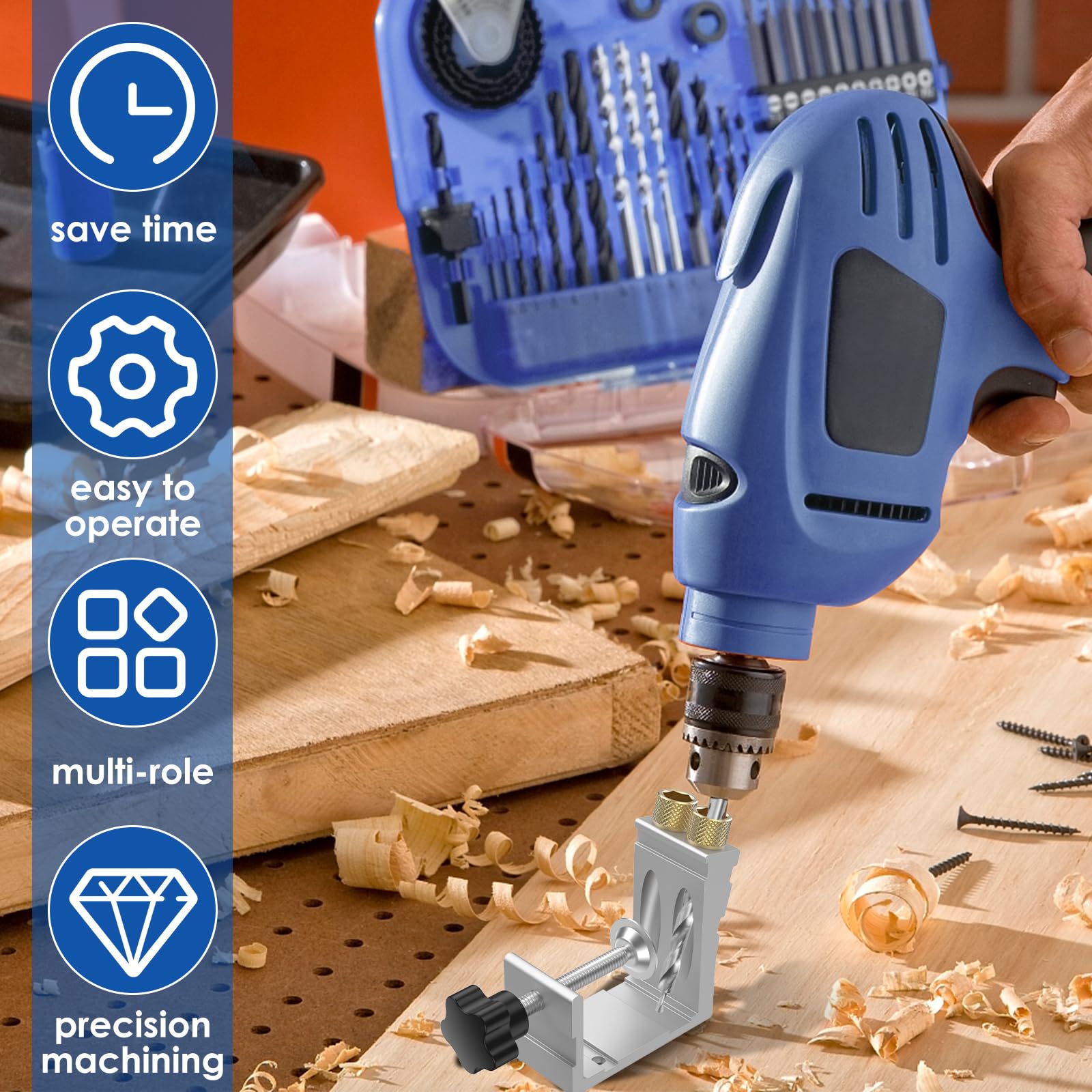 Pocket Hole Jig Kit,15 Degree Angle Oblique Hole Puncher Locato High Precision Adjustable Woodworking Drill Guide Tool Kit for DIY Carpentry Projects