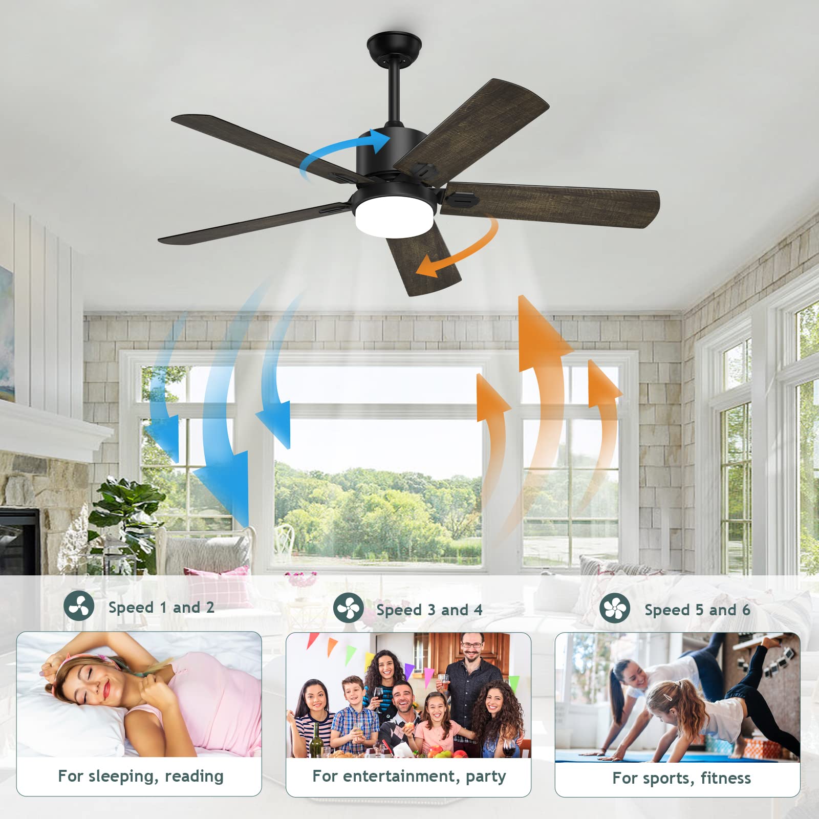 Obabala Ceiling Fans with Lights and Remote, Outdoor Black Fan with Lights for Patio Farmhouse Bedroom,52 Inch