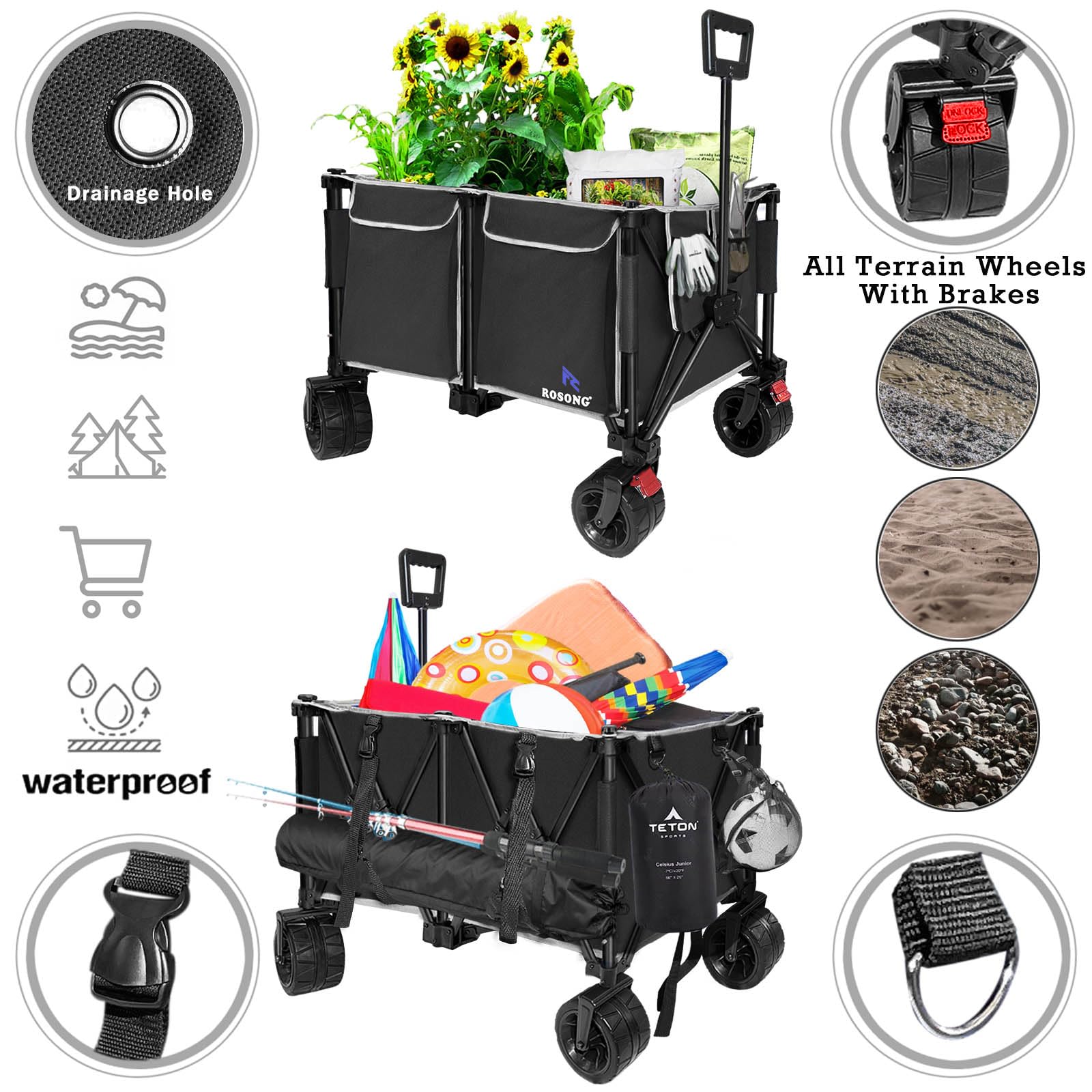 ROSONG Collapsible Heavy Duty π±π¬π¬ πππ¦ Capacity Wagon Cart with Big Wheels, Foldable Folding Cart Utility Lounge Beach Wagons Carts for Sand