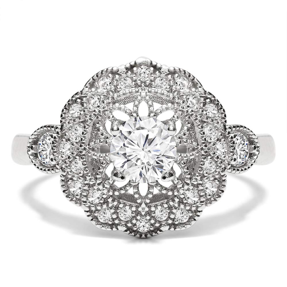 TwoBirch 18k White Gold Microplated Art Deco Floral Design Duo Bridal Ring Set Engagement Ring and Wedding Band with Cubic Zirconia (SET (2 RINGS), Size 7)