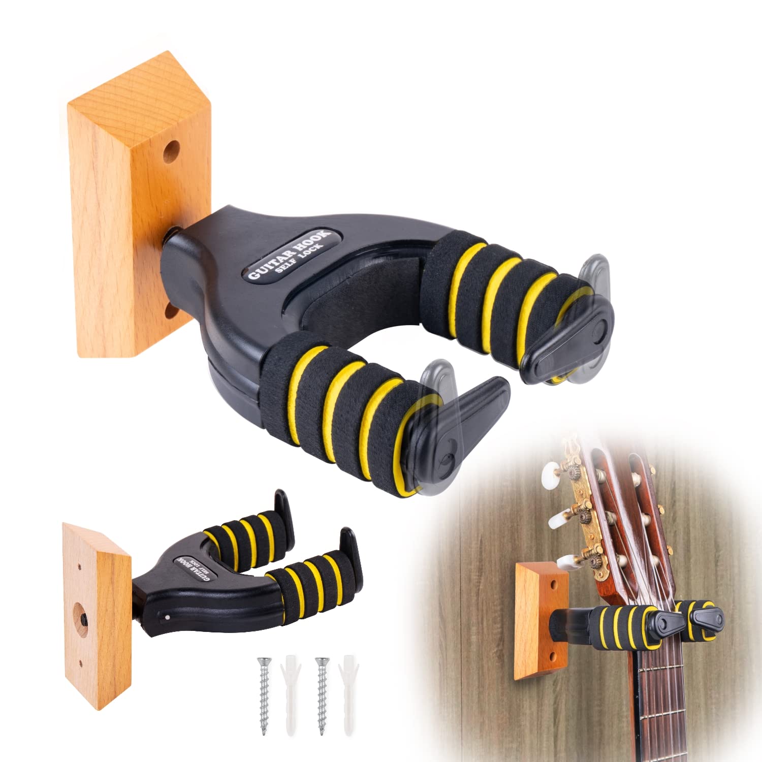 WESOLO Auto Lock Guitar Wall Hook for Acoustic Classical Electric Guitar Bass Mandolin (Black-Yellow x 1)
