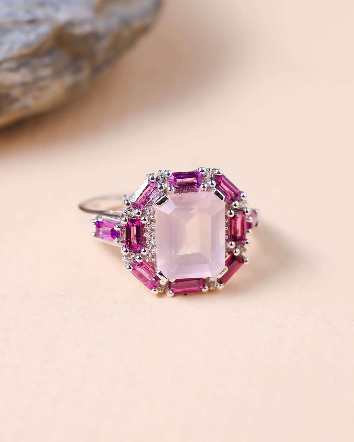 YoTreasure Rose Quartz Rhodolite White Topaz 925 Sterling Silver Chunky Ring Jewelry