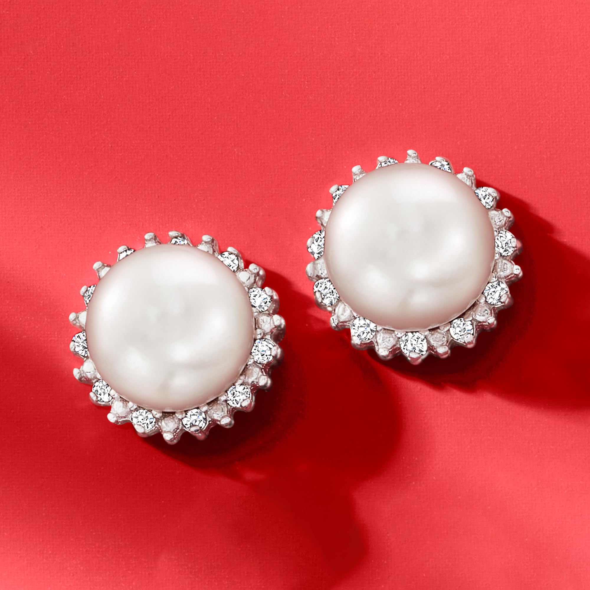 Ross-Simons 7-7.5mm Cultured Button Pearl and .13 ct. t.w. Diamond Stud Earrings in Sterling Silver