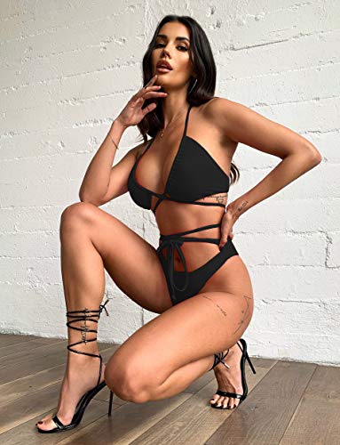 QINSEN Sexy Bikini Swimsuit for Women Strap Criss Cross Two Piece Bathing Suit Cheeky Bottom Black S