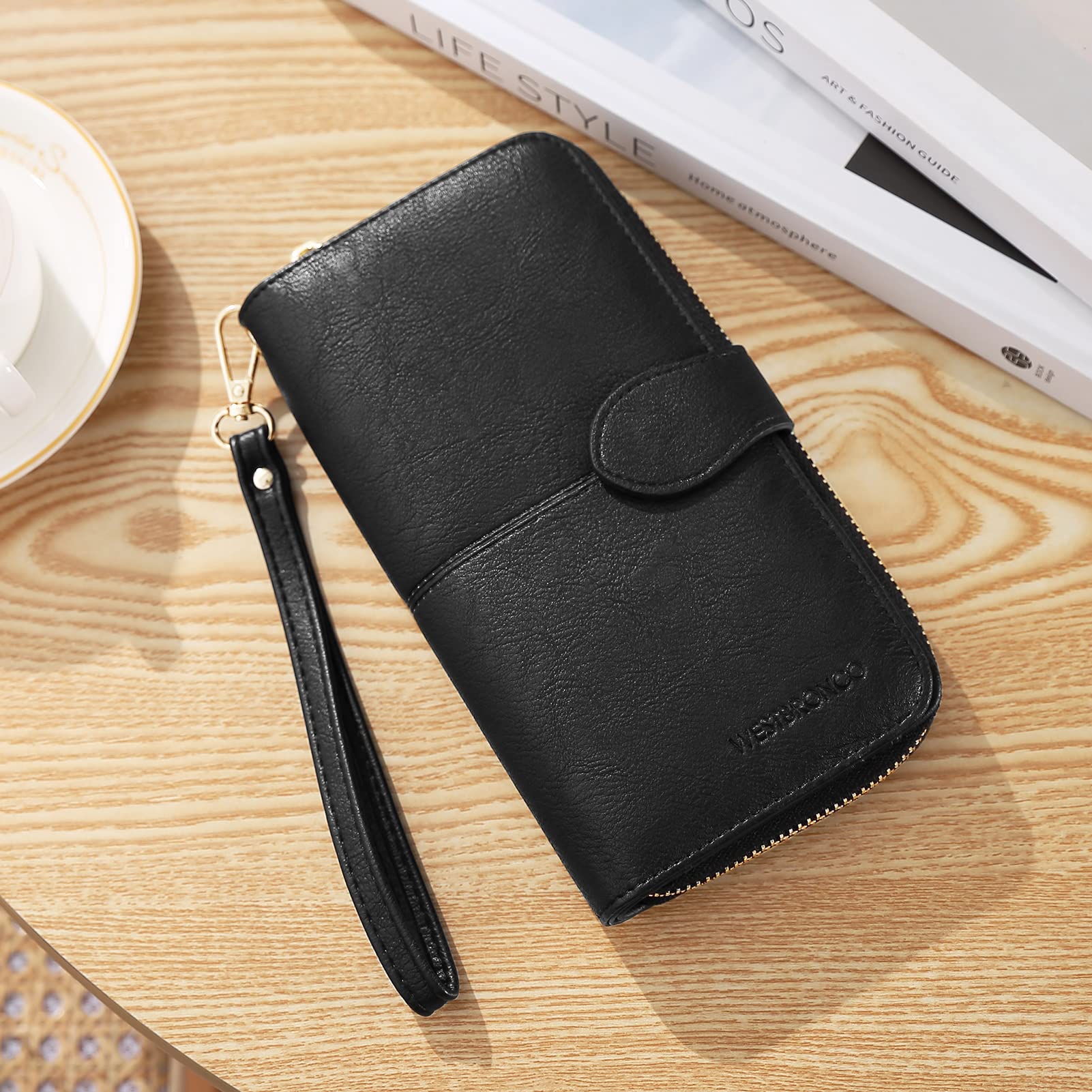 WESTBRONCO Women's Wristlet Handbags Leather Wallet Bifold Ladies Cluth Credit Card Holder Black