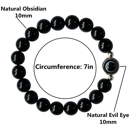 weweno Evil Eye Bracelet 10mm Crystal Bracelet Unisex Feng Shui Black Obsidian Wealth Bracelet (silver)