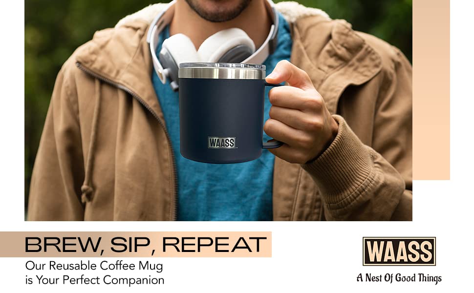 WAASS 14oz Insulated stainless steel Coffee Mug - Hot and Cold with leakproof sliding Lid - Perfect for Hot Coffee & Tea for Travel, home, and Work. (Green)