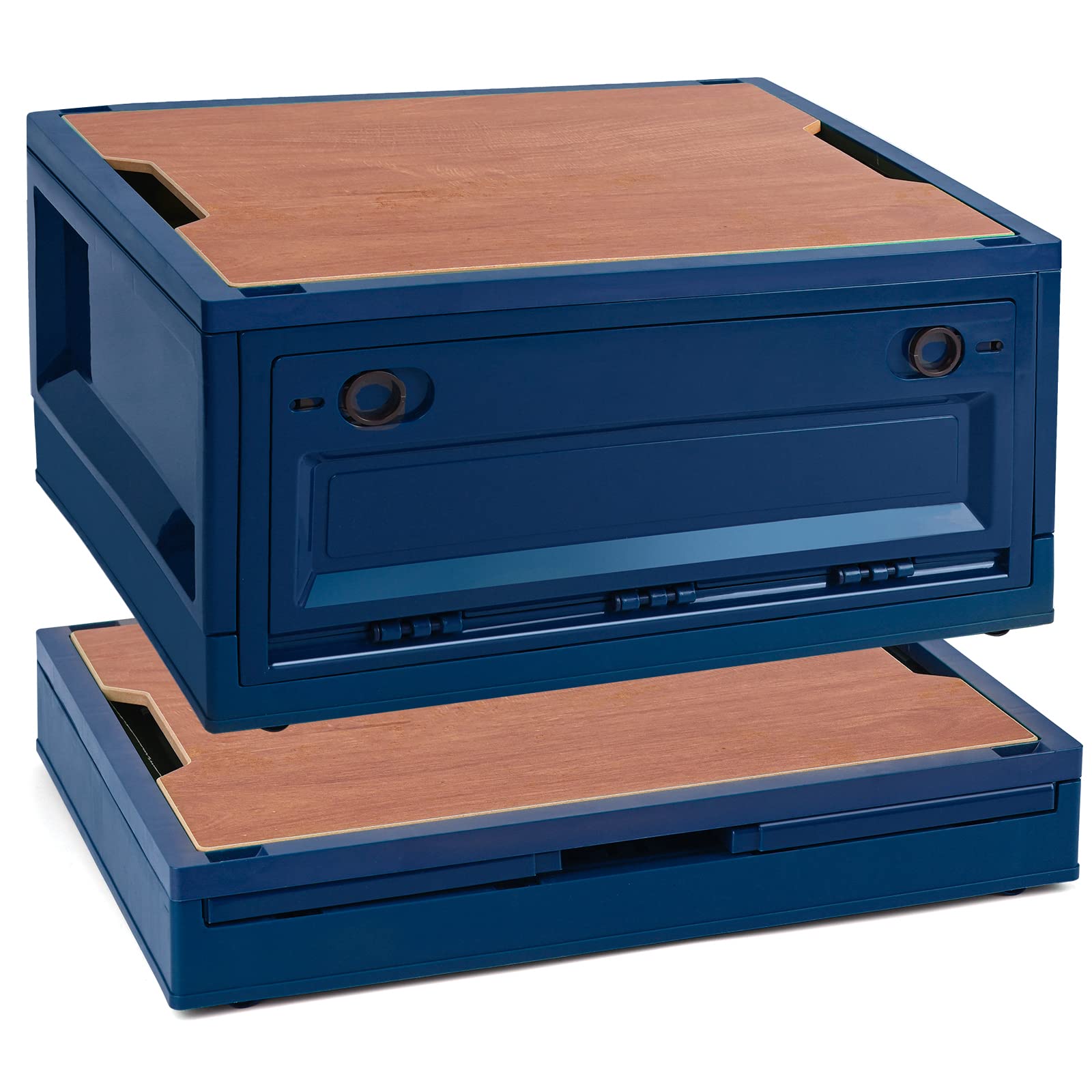 VOOVY Outdoor Camping Storage Case with Wooden Lid, Heavy Duty Folding Storage Box Large Foldable Plastic Storage Bins, for Outdoor Camping Picnic Indoor Home Room Closet(Navy Blue)