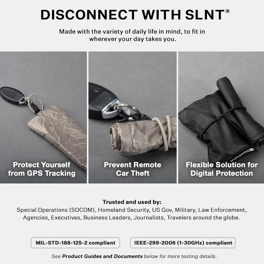 SLNT Flexible Key Fob Guard with Silent Pocket - Car Anti Theft Device Shields Against All Signal Types, Includes RFID, NFC Blocking & Faraday Bag - Fits Most Keyfobs, Portable & Attaches to Keychain