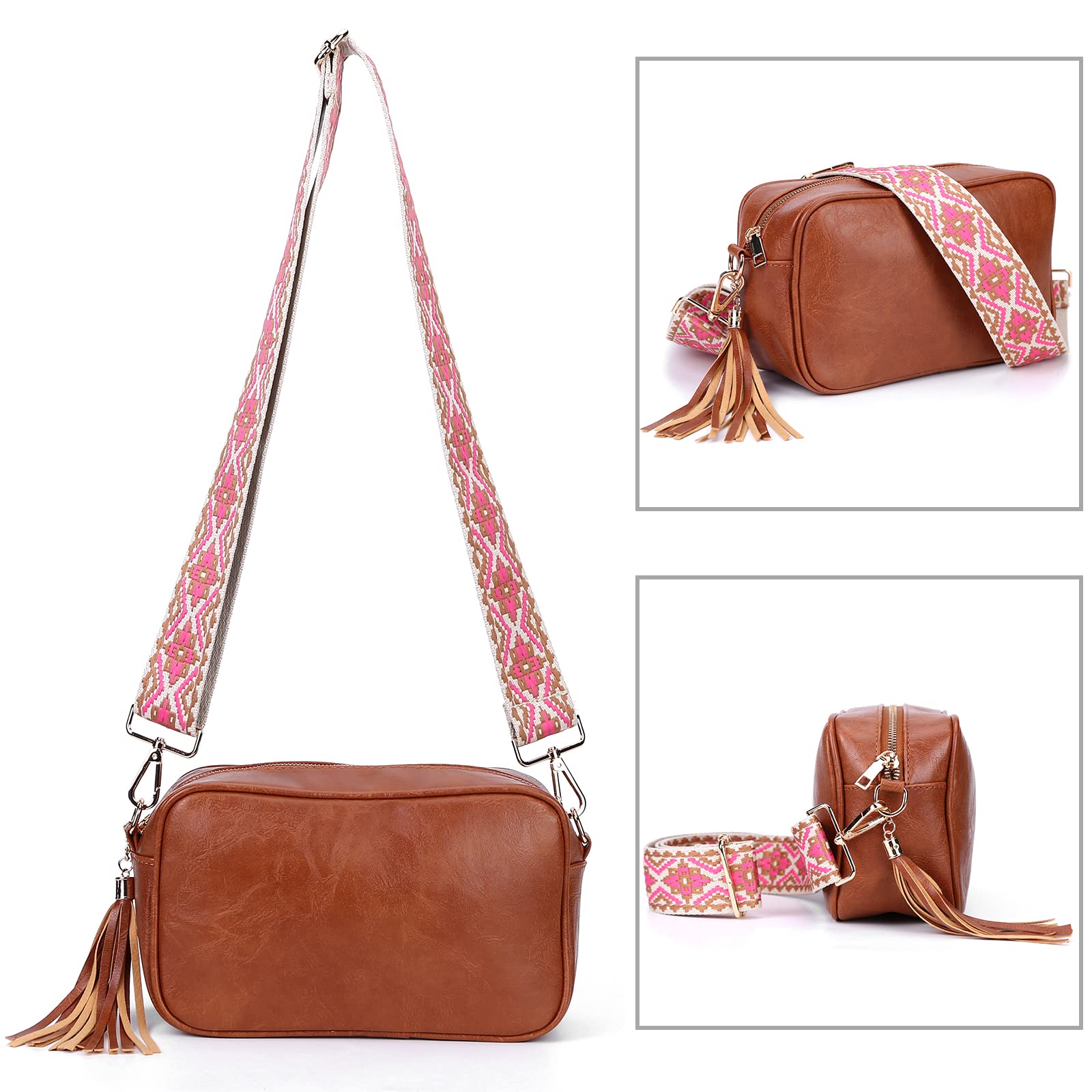 YFGBCX Crossbody Bag for Women PU Leather Wide Strap Shoulder Purse with Tassel Trendy Design Camera Top Zip C03-pu-brown