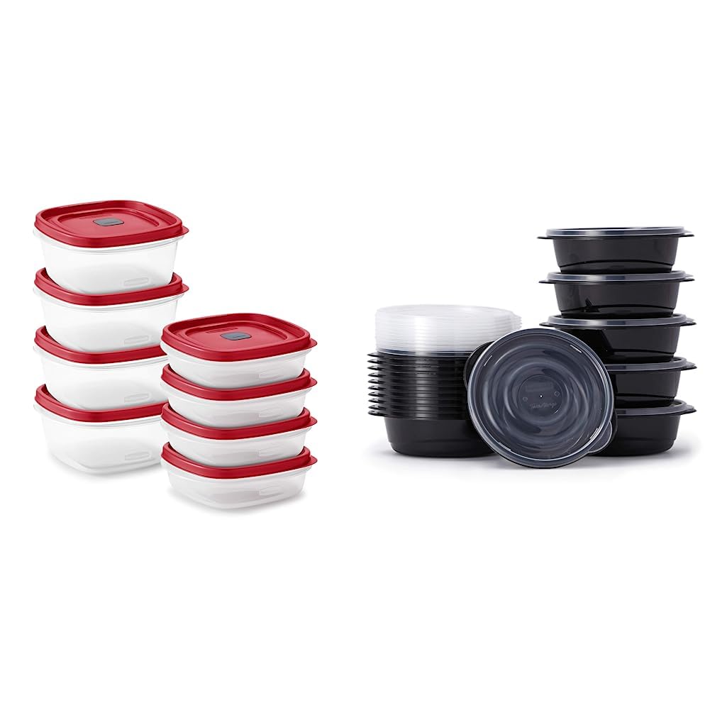 Rubbermaid 16-Piece Food Storage Containers, Red & 32-Piece Food Storage Containers with Lids for Lunch, Meal Prep, and Leftovers, Dishwasher Safe, 5-Cup, Black