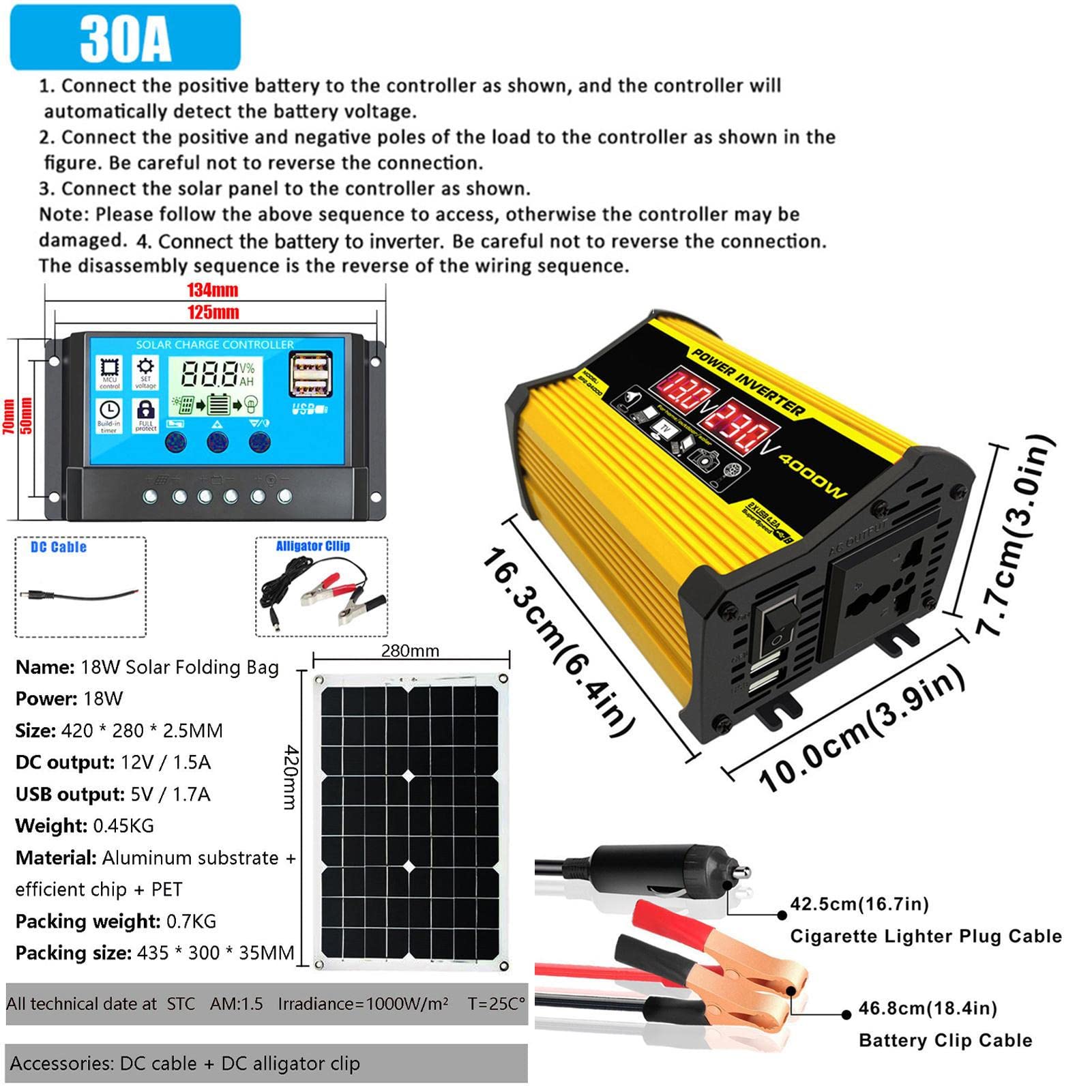 Solar Panel kit, Car Complete Solar System, 300 Watt car Solar Panel Kit solar charger Controller with 2 USB Ports and Led Display Complete Solar Panel kit with Battery and Inverter for Home Shed Far