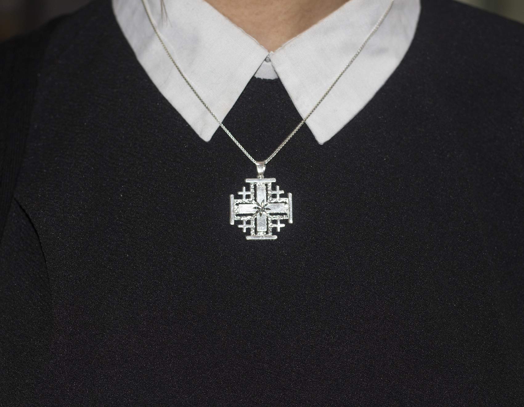 Sterling Silver (925) Jerusalem Crusader's cross Pendant. Handcrafted in the Holy Land. Two layer cross with Bethlehem star hand engraved.