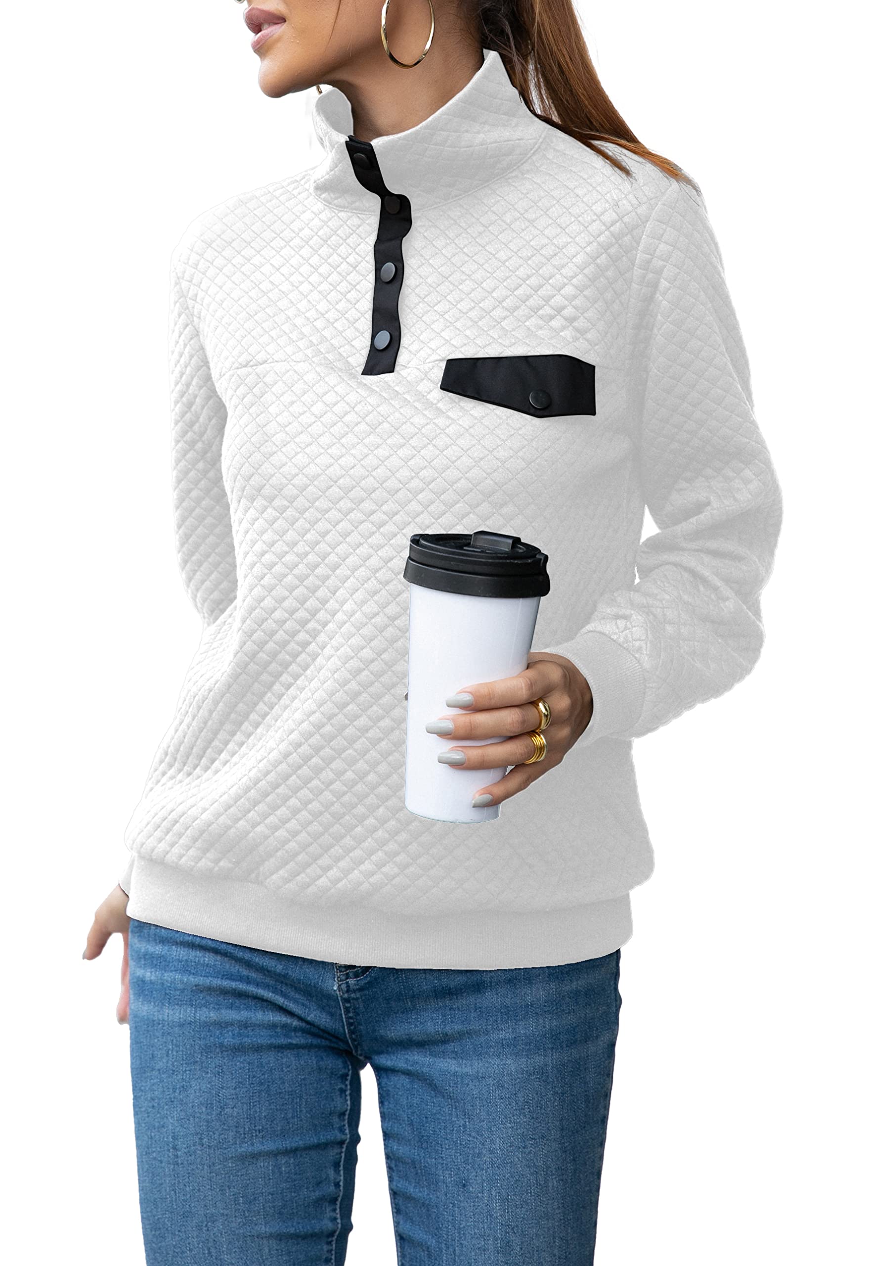 TASAMO Women Fashion Long Sleeve Plain Casual Ladies Sweatshirts Pullovers Button Down Shirts Tops (Large, White)