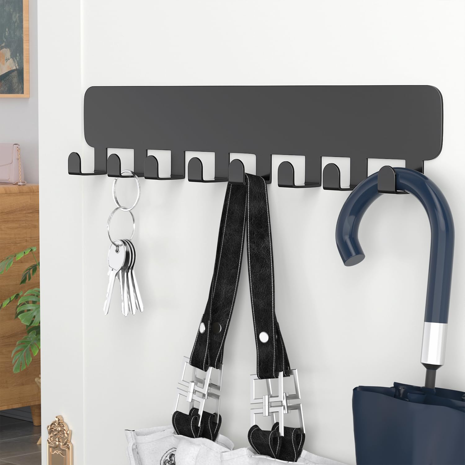 pickpiff 2 Pack Key Holder for Wall Adhesive, Key Hooks with 8 Hooks Wall Mounted, Black Key Hangers for Wall Decor No Drill for Living Room, Kitchen, Office