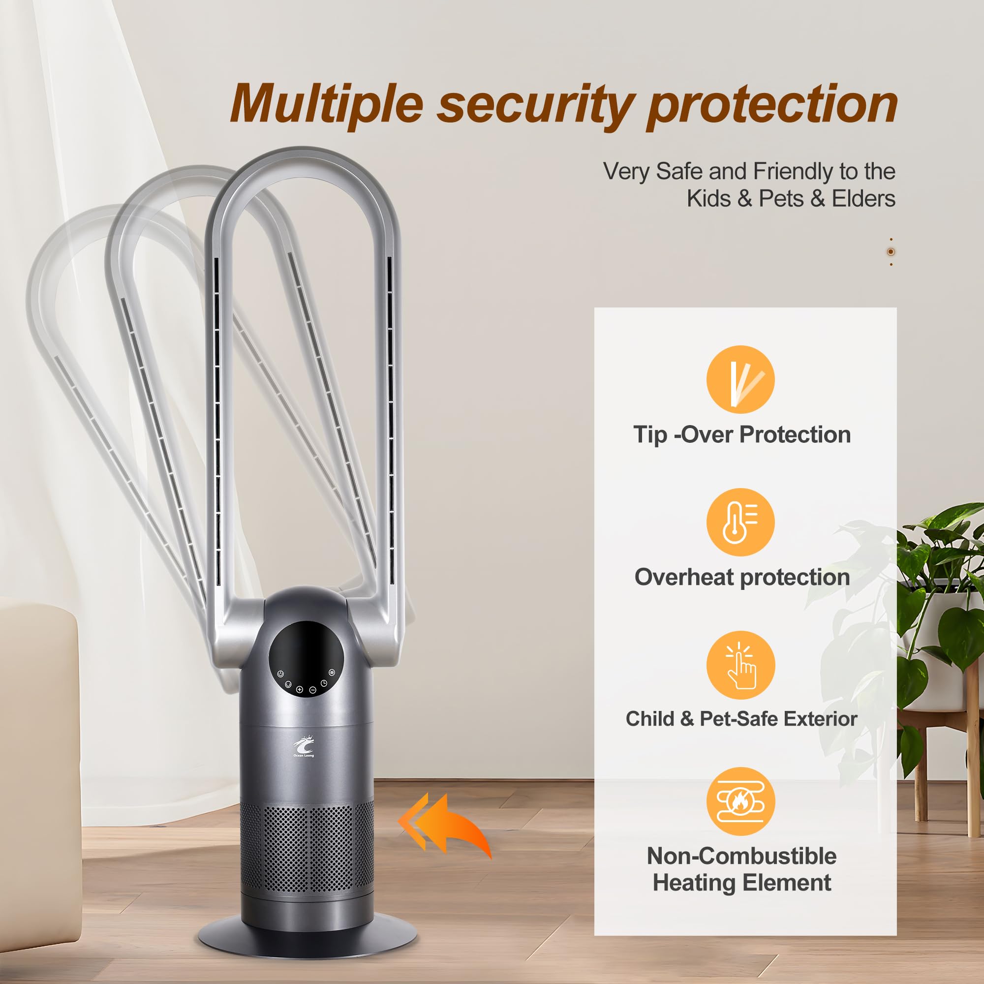Ocean Loong 1500W Space Heater & 38.6” Bladeless Tower Fan for Home Bedroom, Eco Electric Heater with Adjustable Thermostat, Tip-Over Switch, Remote, Timer, Oscillating Floor Fan, AC68, (Grey)
