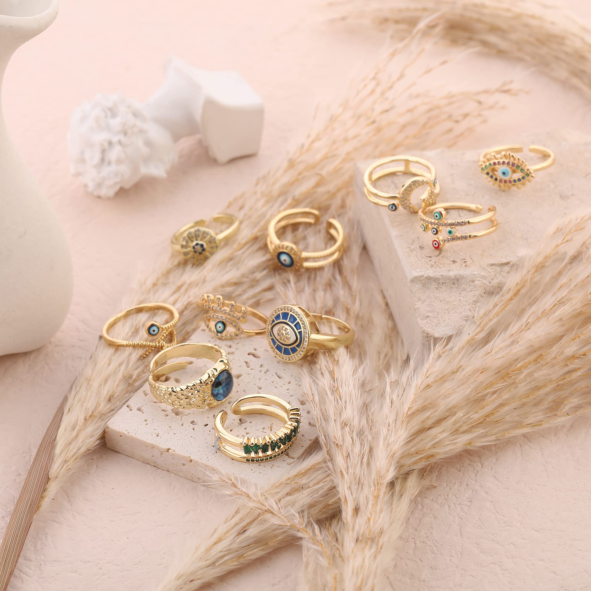 Youvelst Evil Eye Rings for Women 14K Gold Plated Adjustable Statement Rings Dainty Eyeball Rings Evil Eye Stackable Rings Minimalist Protection Jewelry (Gold Evil Eyes 2)