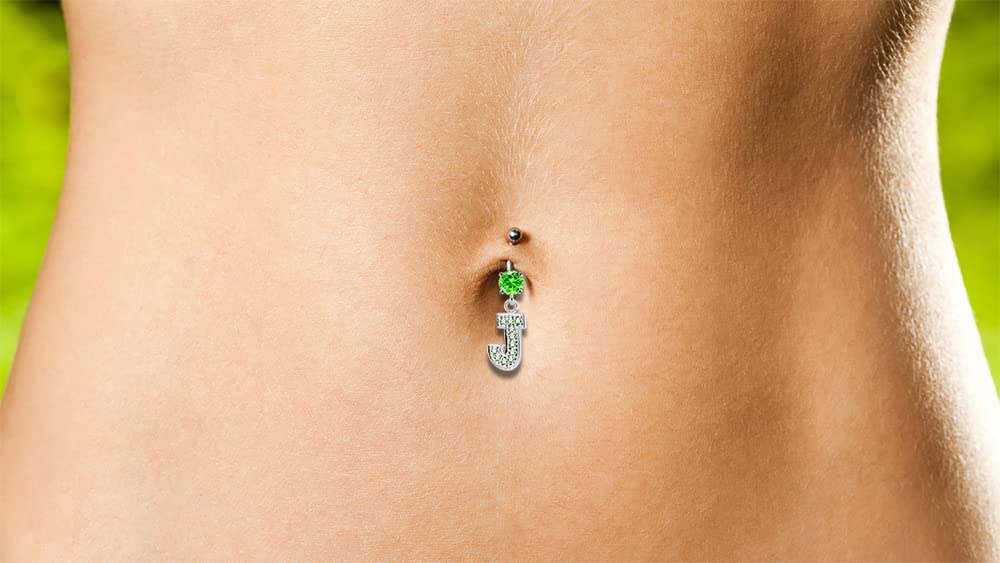 Purple CZ Stone J Alphabet Dangling Design 925 Sterling Silver Belly Button Piercing Ring Jewelry